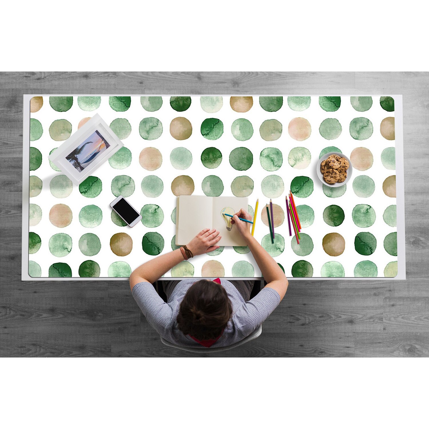 Mapa birou, din PVC, pentru protectie masa, Puncte Colorate, Verde, 120 ...