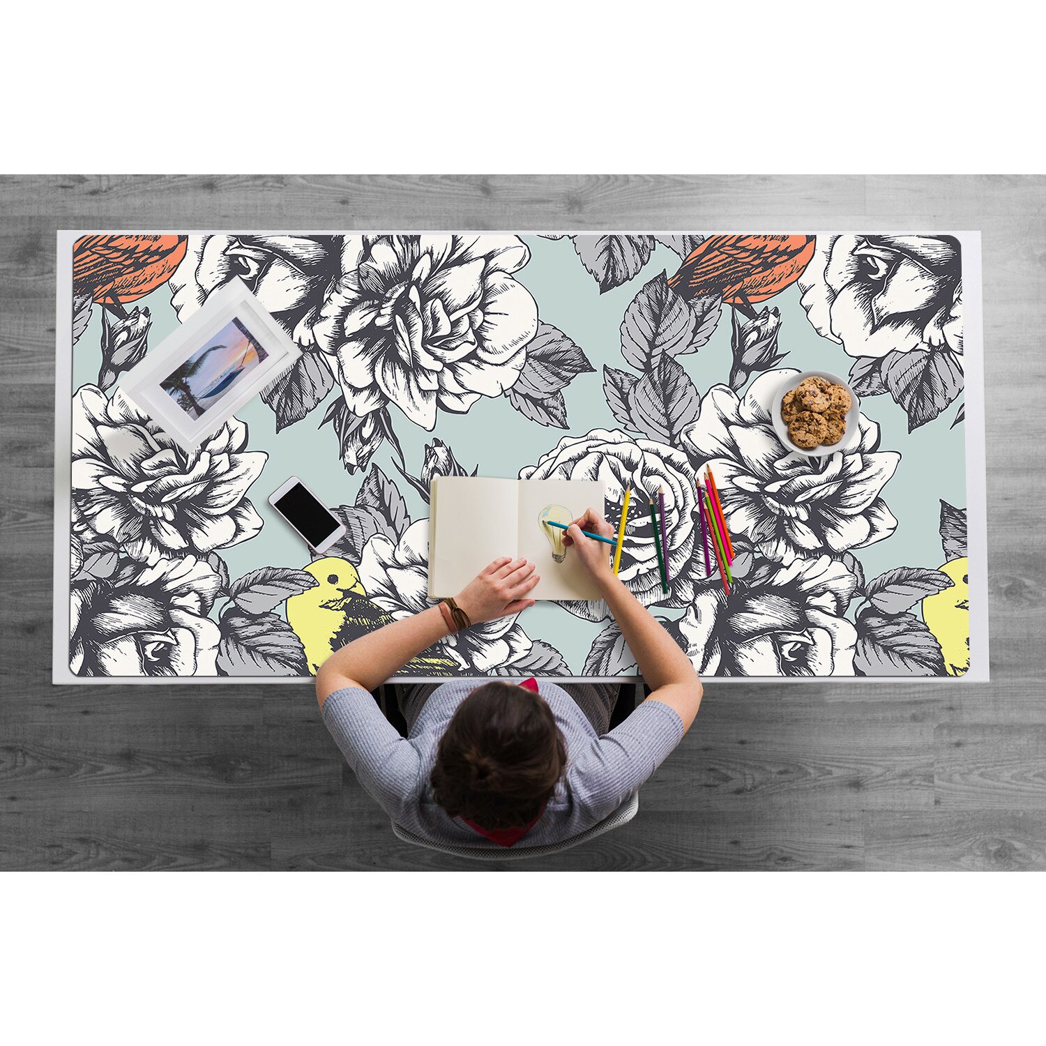 Mapa birou, din PVC, pentru protectie birou, Trandafiri Si Pasari, Gri ...