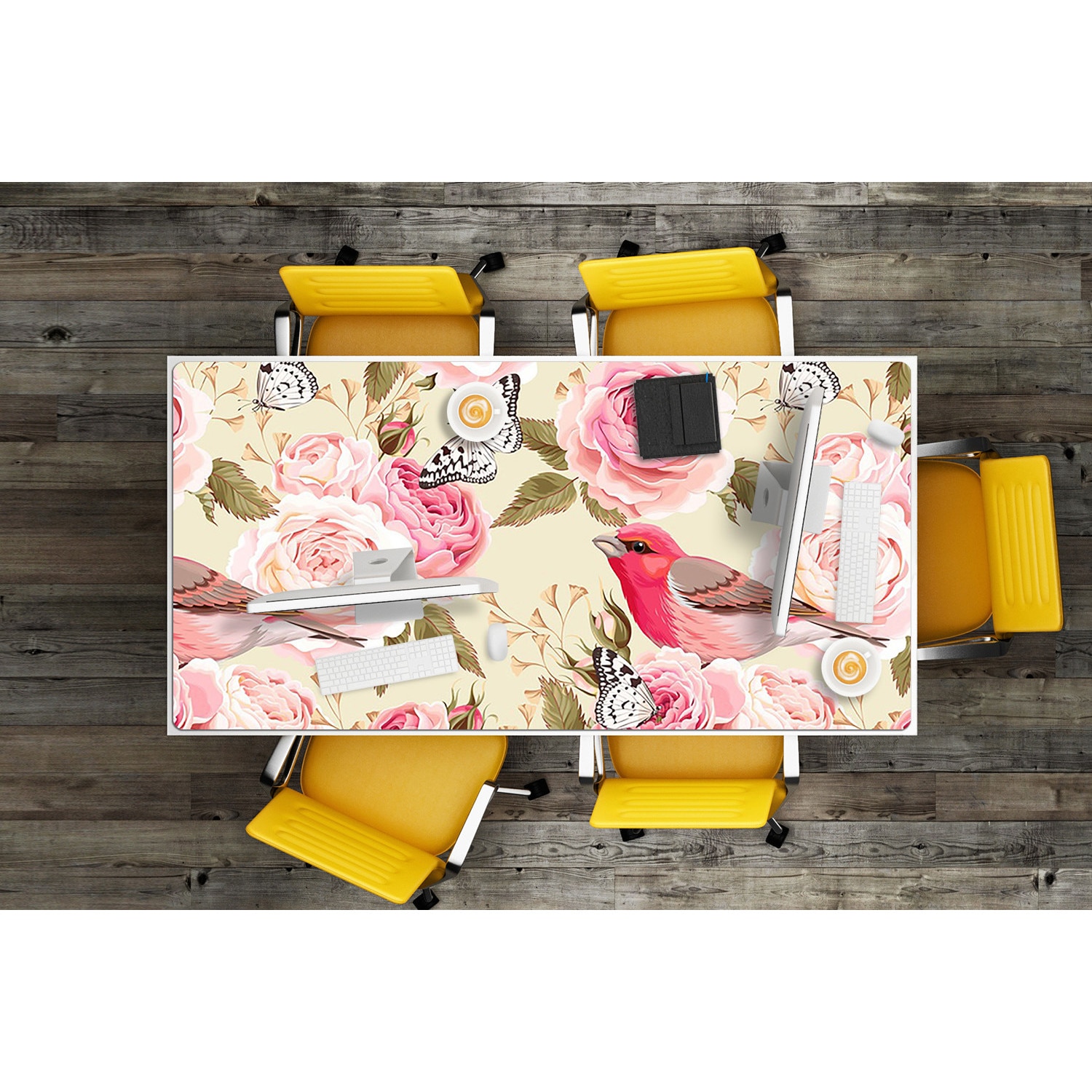 Mapa PVC pentru birou, Pasari Flori Fluturi, Roz, 120 cm x 60 cm ...