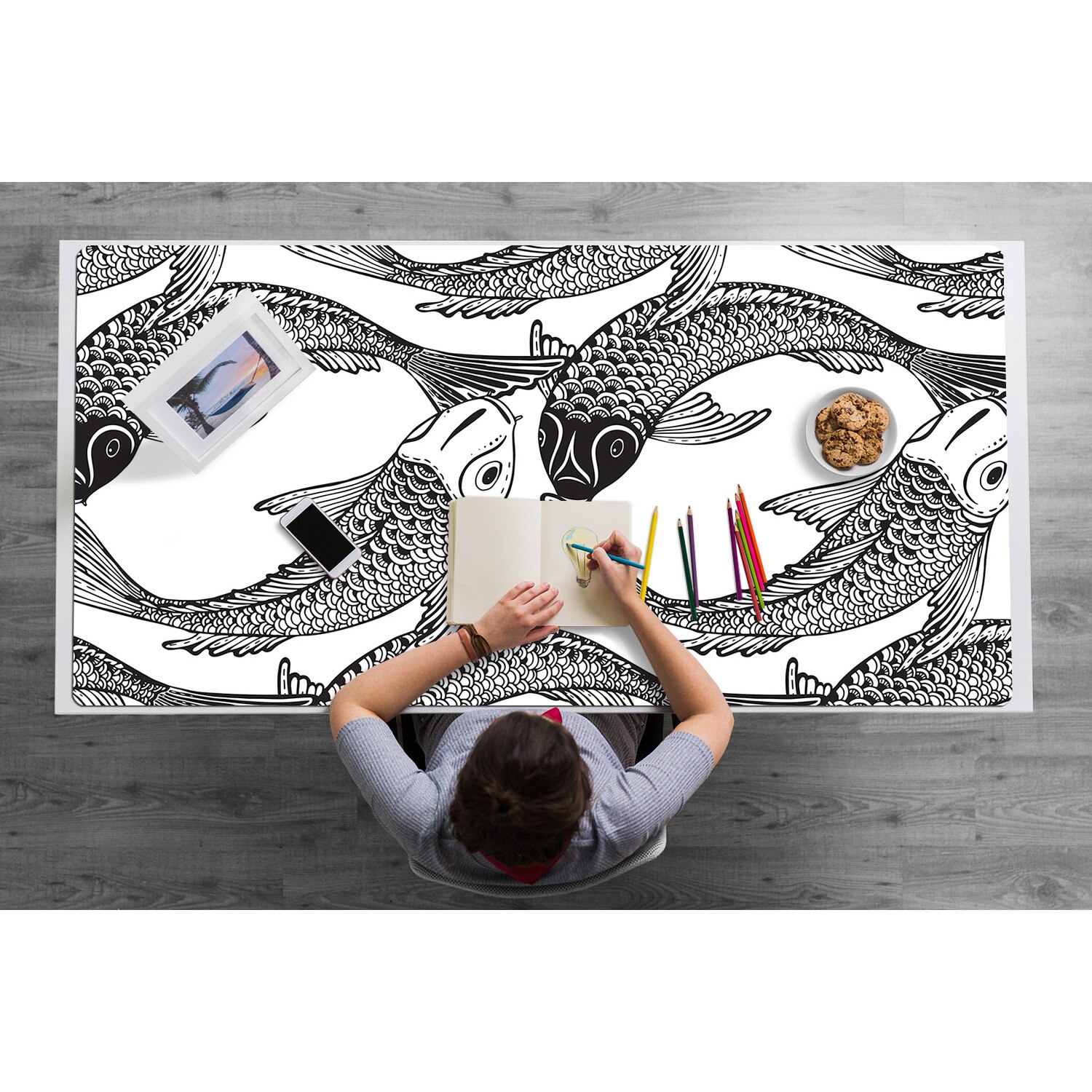 Mapa birou, protectie pentru birou, Peste Koi, Alb-Negru, 120 cm x 60 ...