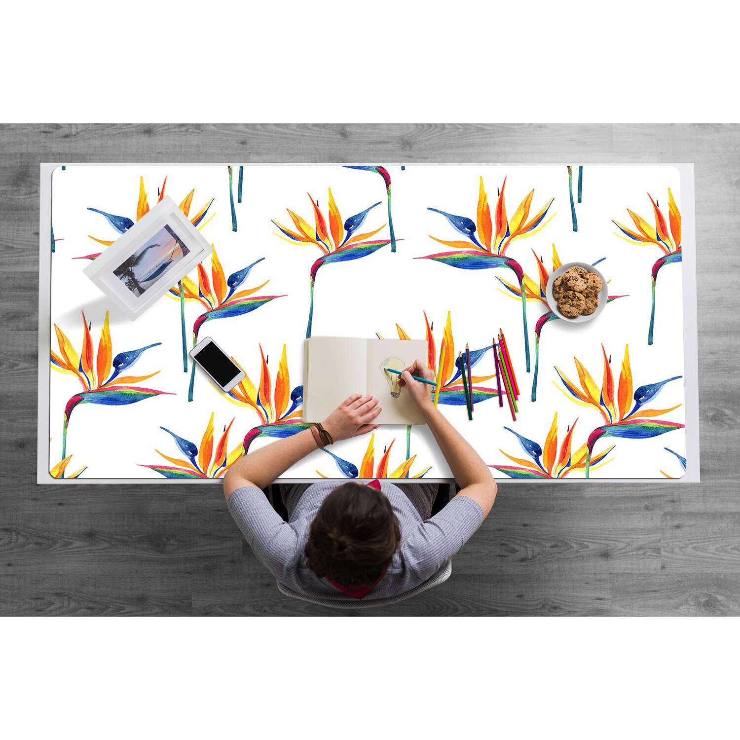 Mapa birou, din PVC, pentru protectie birou, Flori Colorate, Alb, 120 ...