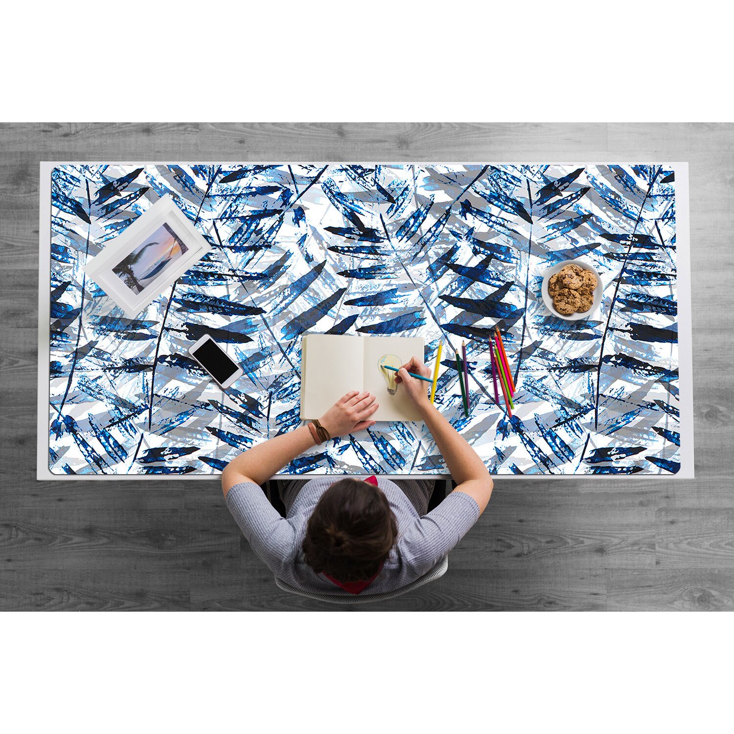 Mapa birou, din PVC, pentru protectie masa, Frunze Tropicale, Albastru ...