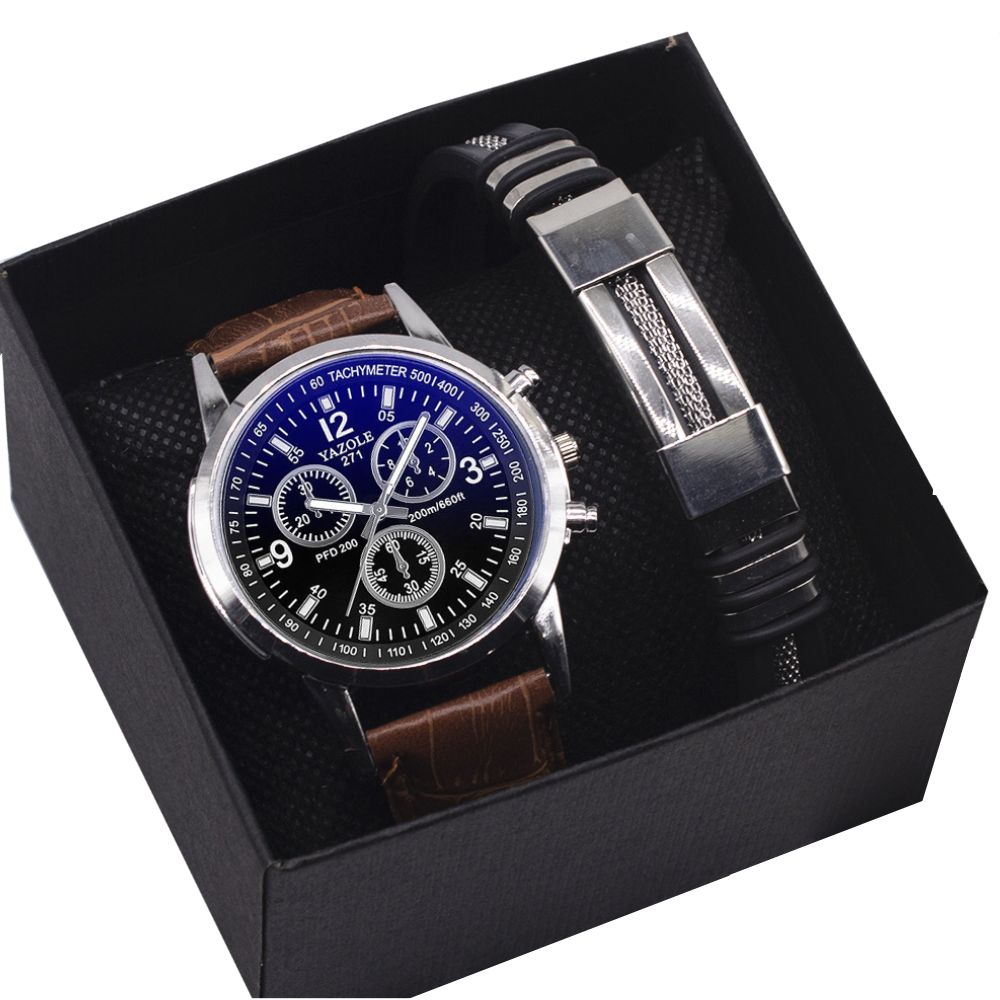 Set ceas barbati elegant curea maro din piele ecologica cu cadran negru ...