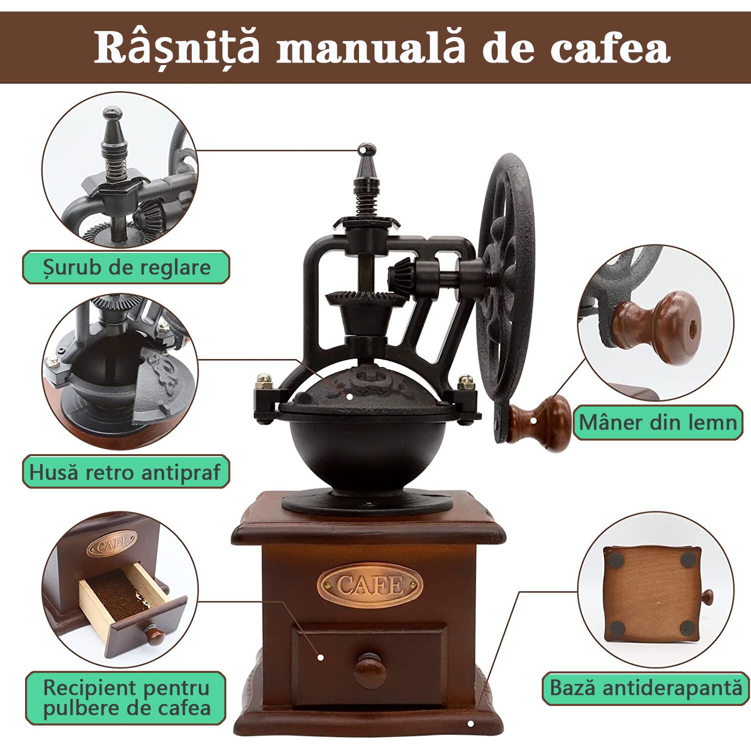 Rasnita de cafea manuala retro, Byondself, Ajustare a finetii, Fonta si ...