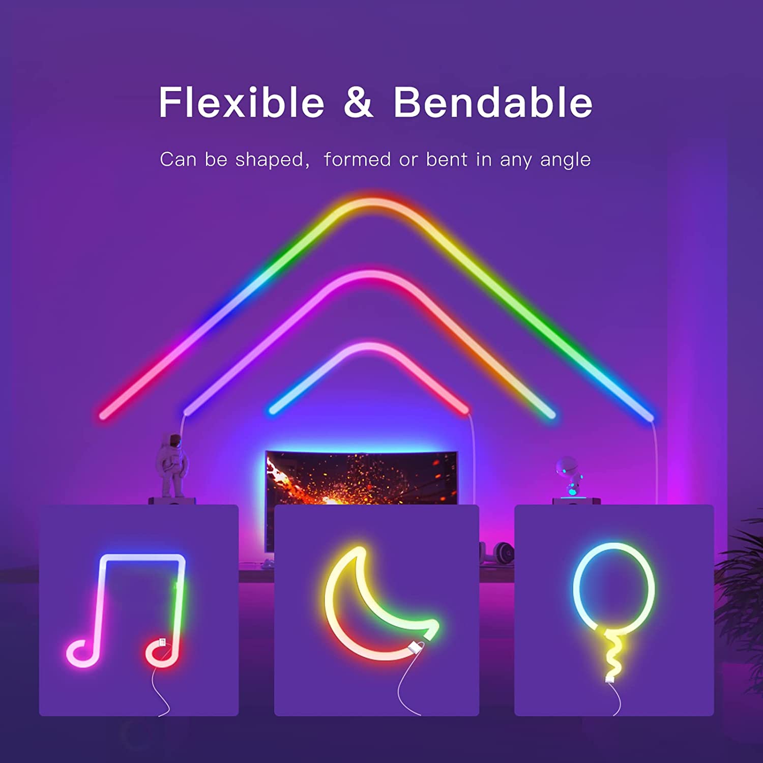 Banda LED neon RGBIC de 3m, cu telecomanda si control prin aplicatie ...