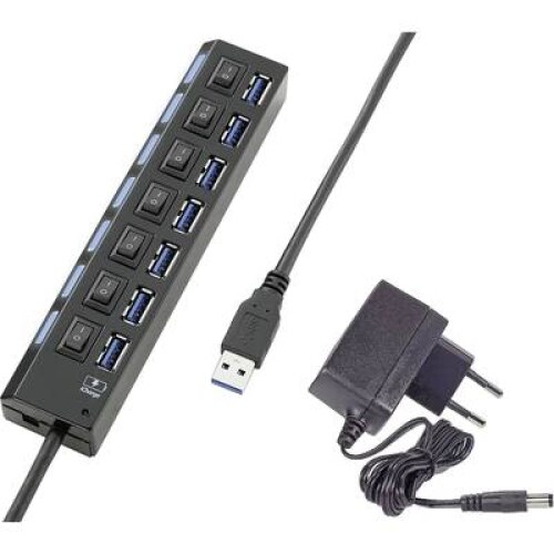 Hub, Renkforce, USB 3.0, 7 porturi, Comutabil, Negru - eMAG.ro
