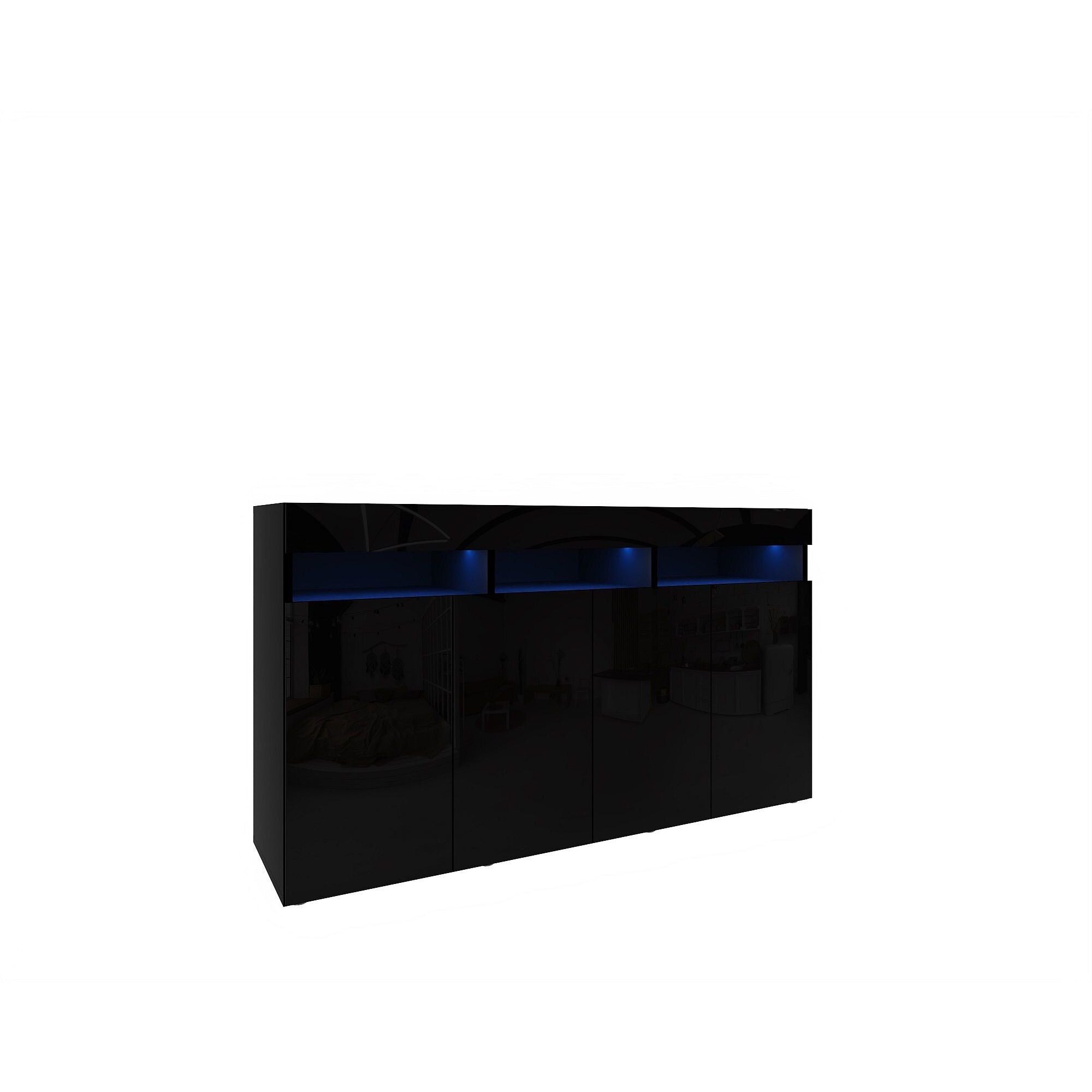 Comoda moderna cu 4 usi, usile negru lucios/negru mat, 140x80x40cm ...