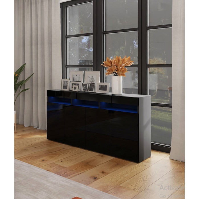 Comoda moderna cu 4 usi, usile negru lucios/negru mat, 140x80x40cm ...