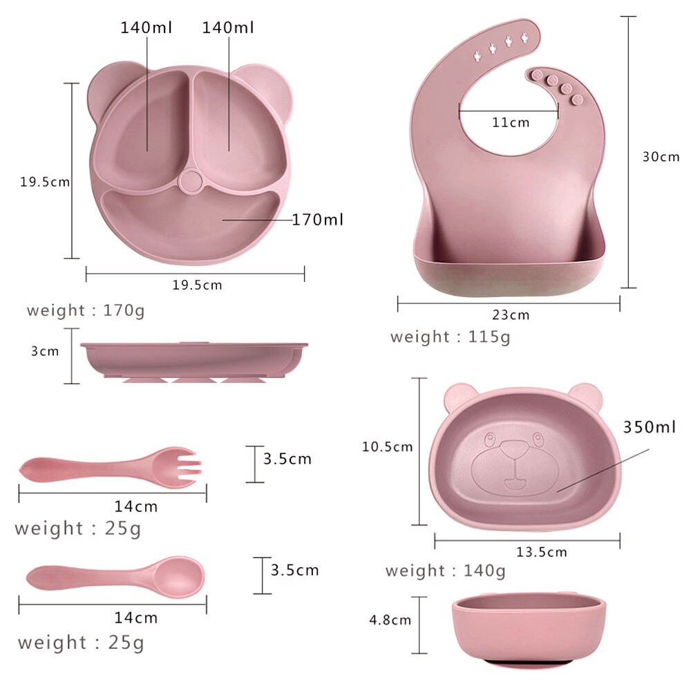 Set hranire bebe din silicon, Oricean®, 1 baveta, 1 bol cu ventuza, lingurita si furculita, fara ...