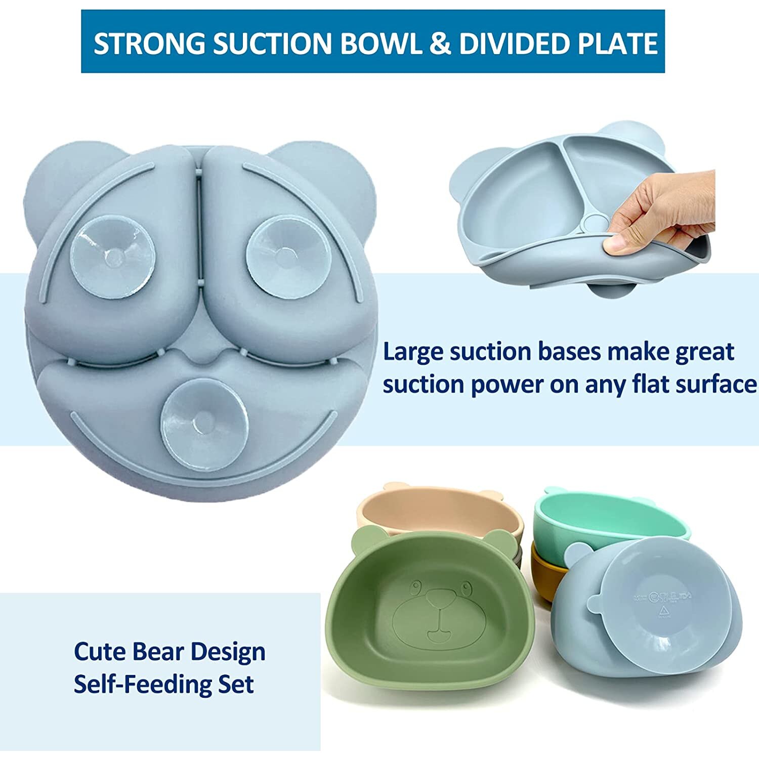 Set hranire bebe din silicon, Oricean®, 1 baveta, 1 bol cu ventuza, lingurita si furculita, fara ...