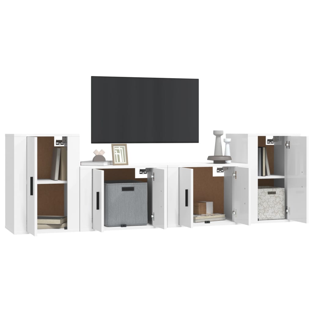 Set dulap TV vidaXL, 4 piese, alb extralucios, lemn prelucrat, 33.5 kg ...
