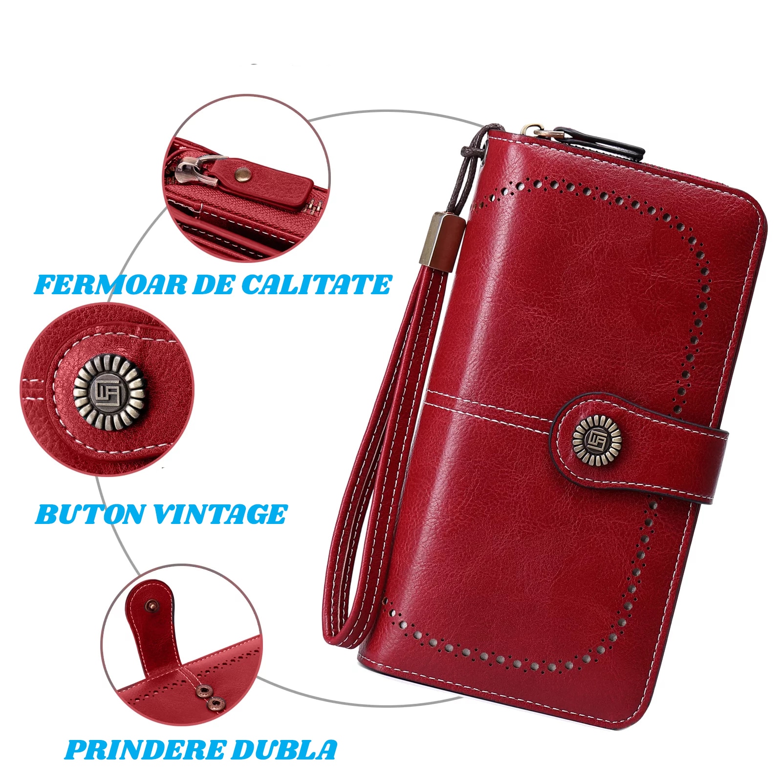 Portofel dama, din piele naturala, blocare RFID, 19x11x3.5 cm, Rosu - eMAG.ro