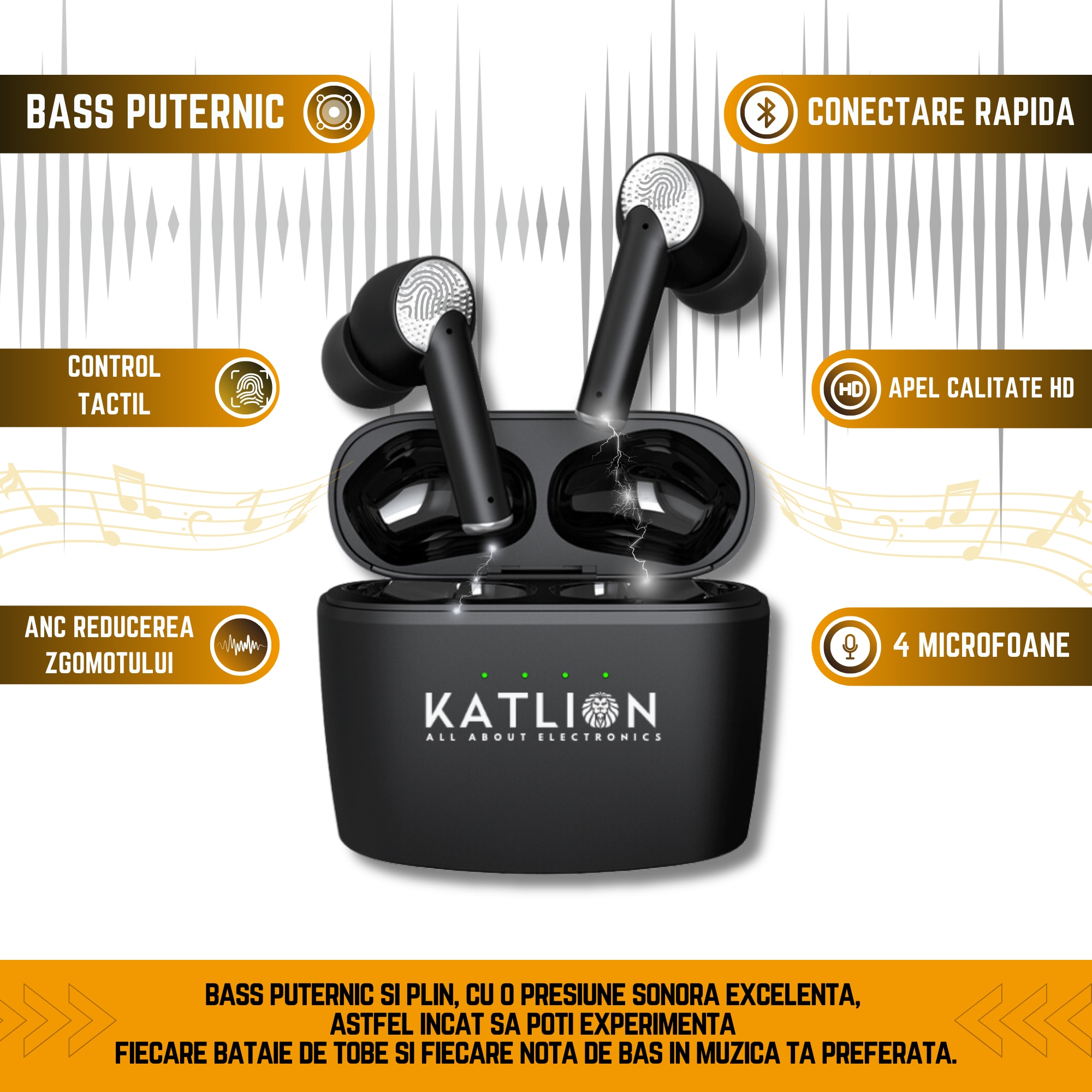 Casti Wireless fara fir Katlion®, Bluetooth 5.2, cu Microfon, Control ...