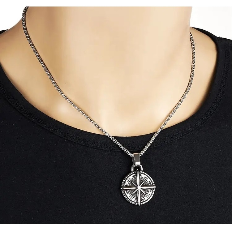 Colier lant Barbati cu pandantiv, otel inoxidabil, JustZen™, North Star ...