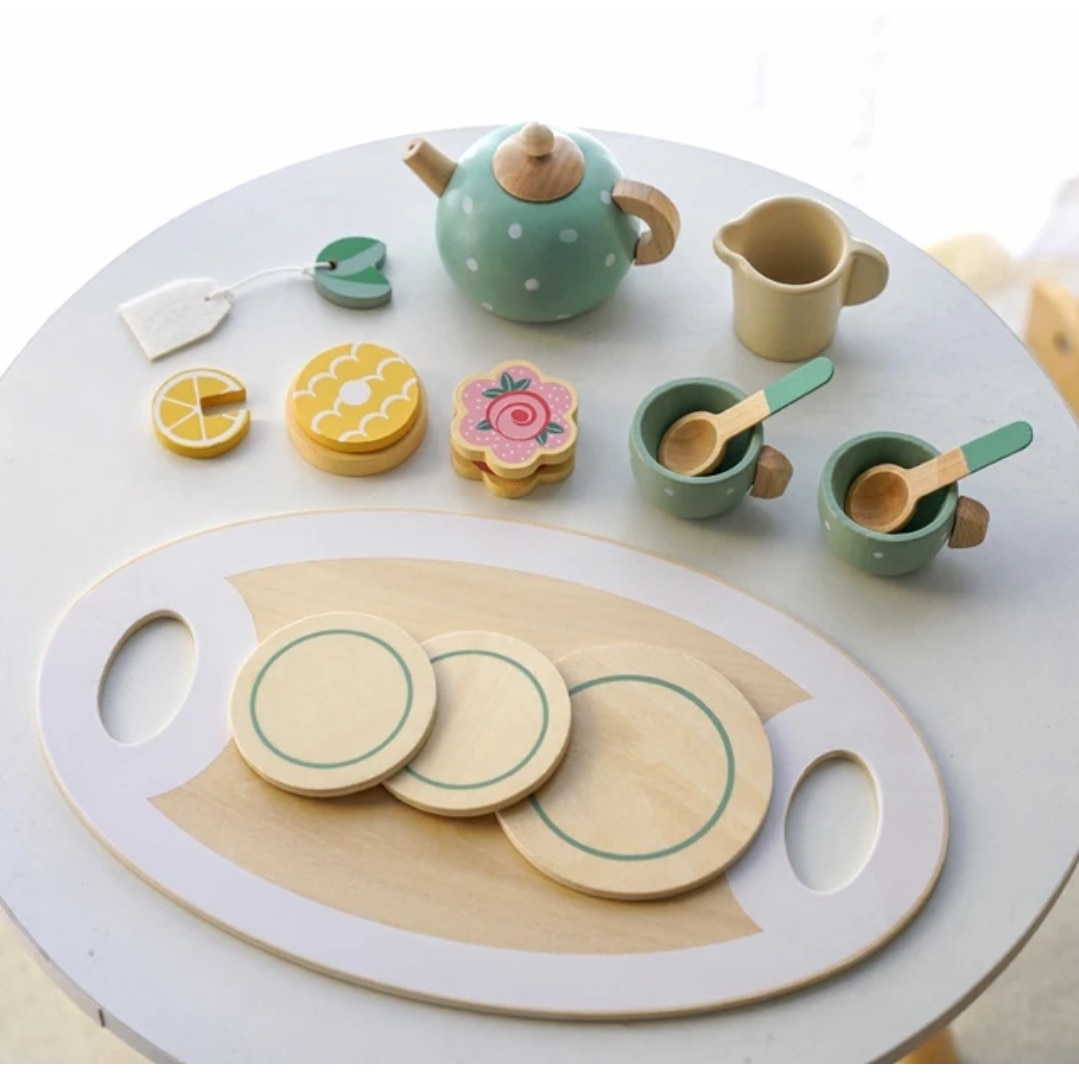 Set ceai copii cu accesorii din lemn pentru bucataria copiilor, 15 ...
