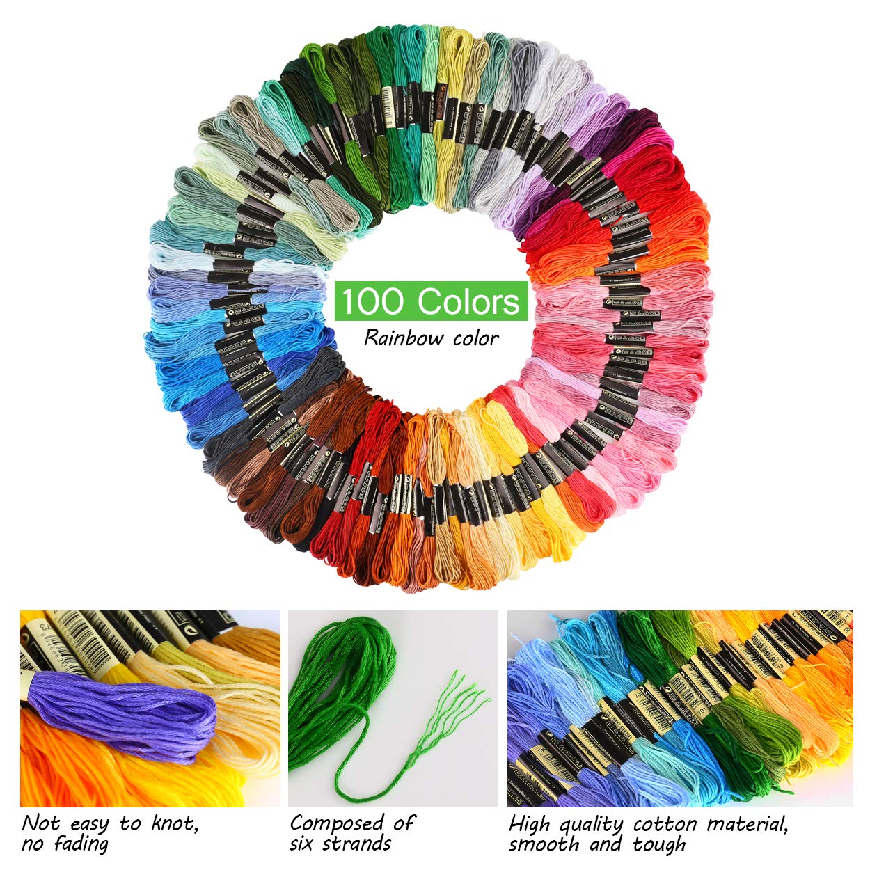 Kit profesional de broderie, Jurebecia, 100 fire colorate, 5 cercuri ...