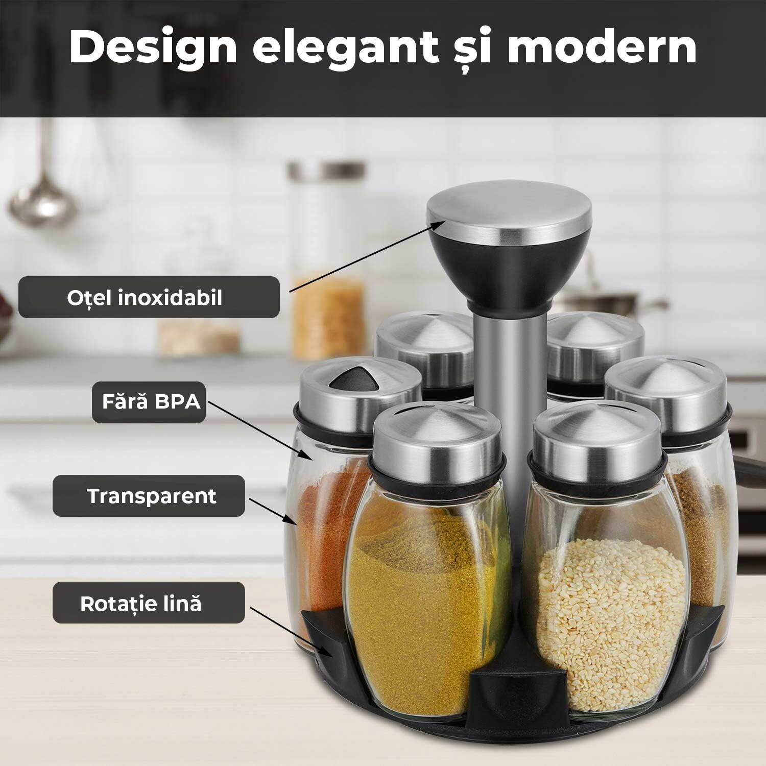Set de 6 Recipiente Transparente pentru Condimente cu Suport Rotativ ...
