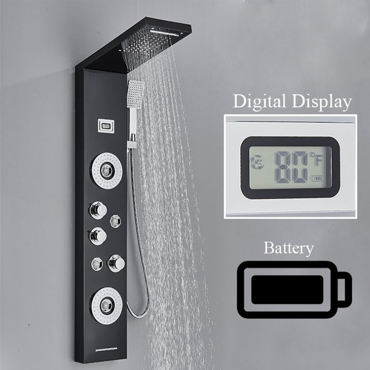 Panel de Dus Multifunctional, Negru, display temperatura, efect de ...