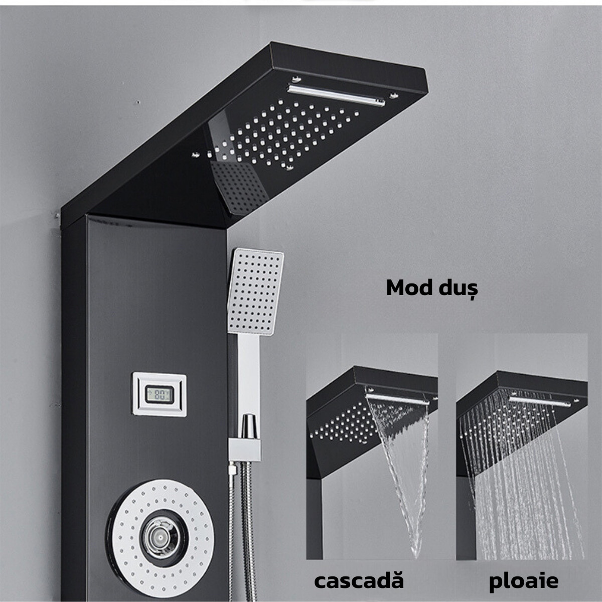 Panel de Dus Multifunctional, Negru, display temperatura, efect de ...