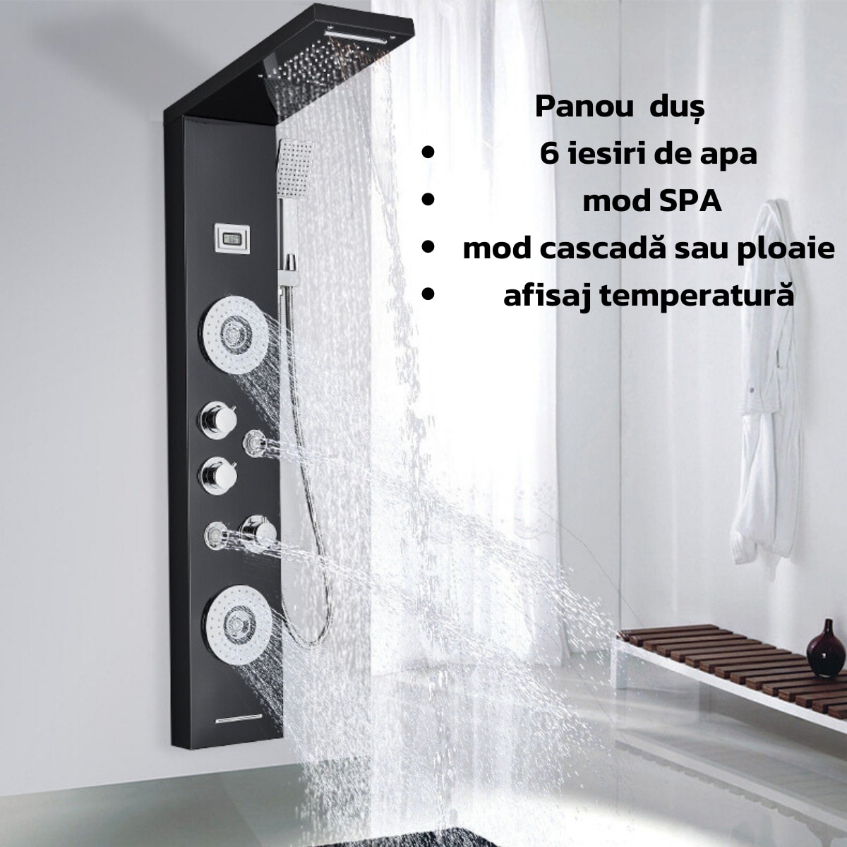 Panel de Dus Multifunctional, Negru, display temperatura, efect de ...