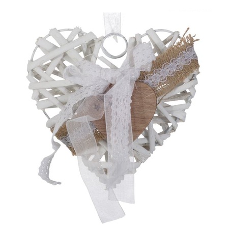 Figurina decorativa din lemn impletit, model inima, alb/bej, Syamag ...