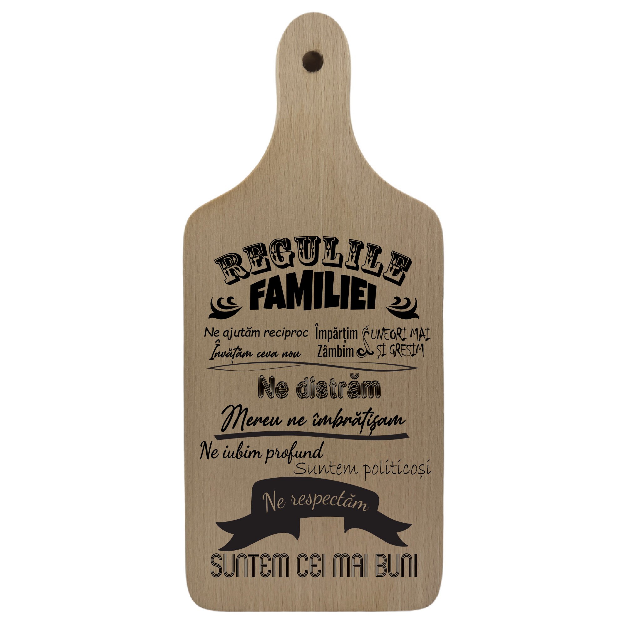 Tocator Personalizat, din lemn, 16x36 cm, Regulile Familiei, Natur ...