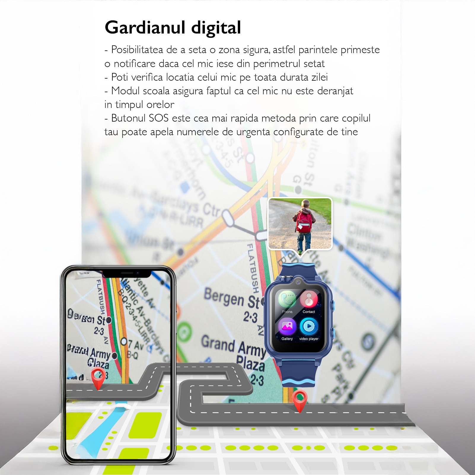 Ceas smartwatch GPS copii cu localizare si telefon Techone™ KT18, 1.7 inch RETINA, 4G LTE, apel ...