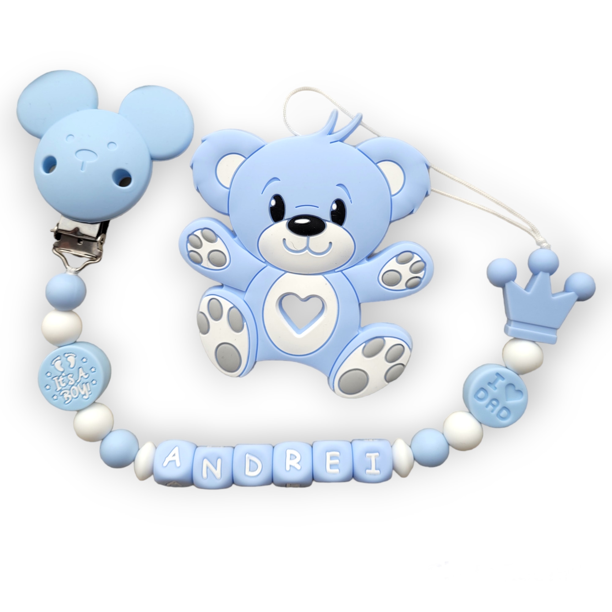 Set 2 piese, Lantisor pentru suzeta din silicon alimentar, personalizat ...