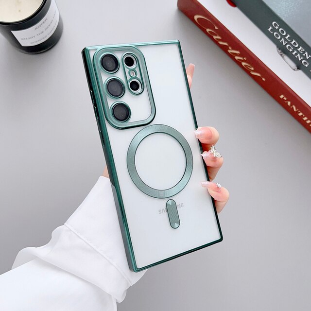 Husa Magsafe compatibila cu Samsung Galaxy S22 Ultra, Margini Colorate Verde, Protectie la ...