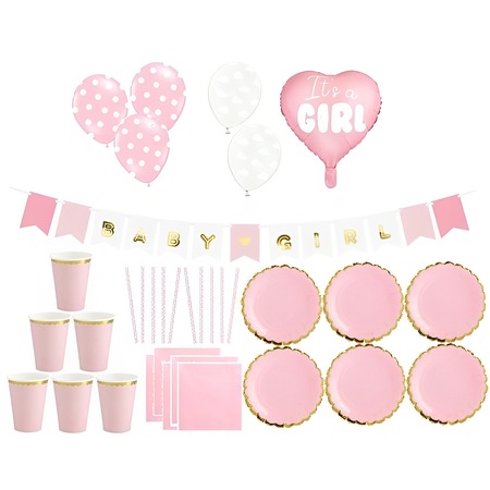 Set decoratiuni pentru petrecere It's a Girl IdealStore, Contine 6 pahare,6 farfurii,10 paie,20 ...