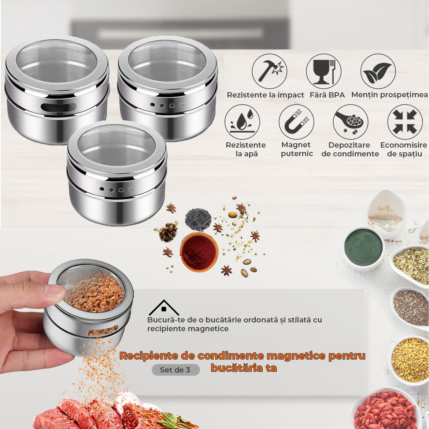 Set de 3 Recipiente Magnetice pentru Condimente, 100ml, cu Etichete si ...
