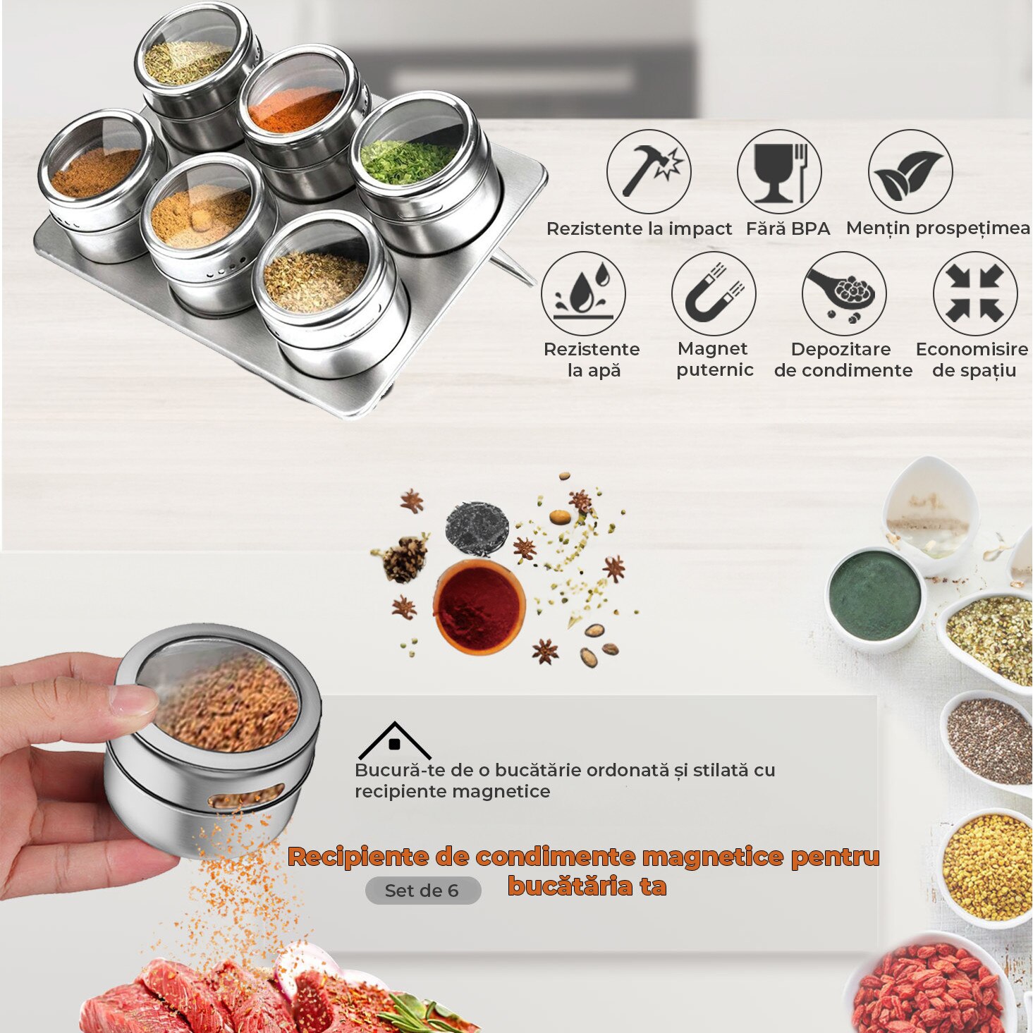Set de 6 Recipiente Magnetice pentru Condimente, 100ml, cu Etichete si ...
