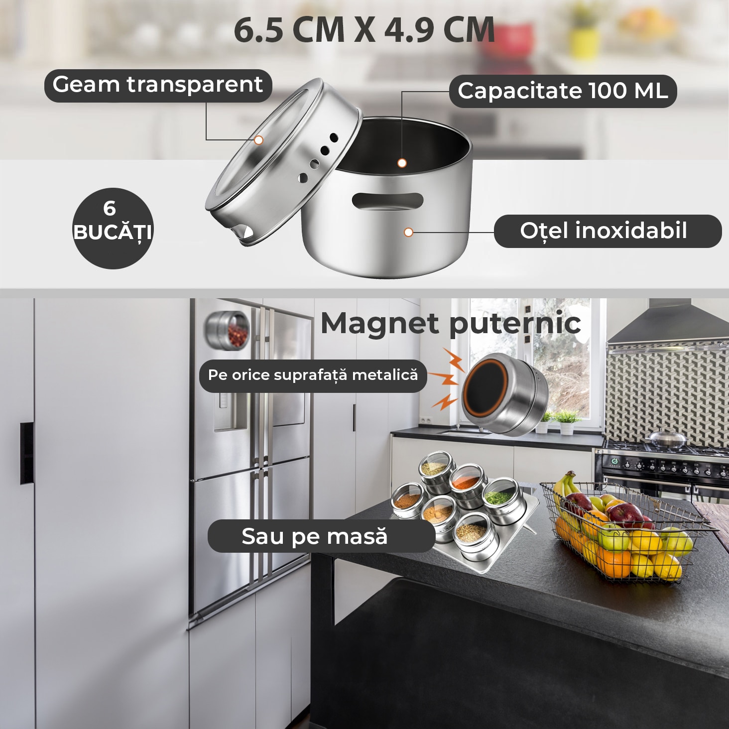 Set de 6 Recipiente Magnetice pentru Condimente, 100ml, cu Etichete si ...