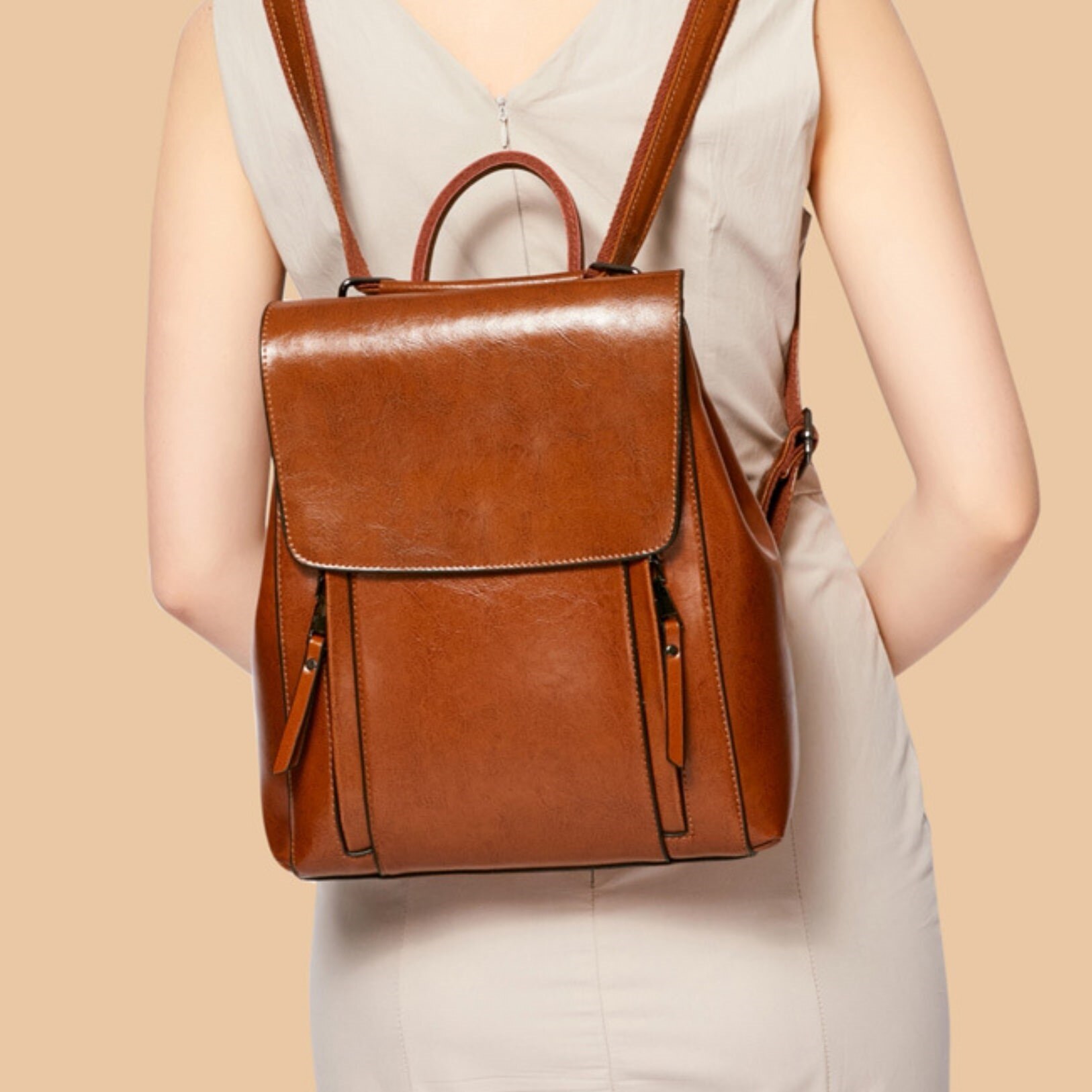 Rucsac dama, de tip geanta, Freeland B819, Piele naturala, Мaro camel ...