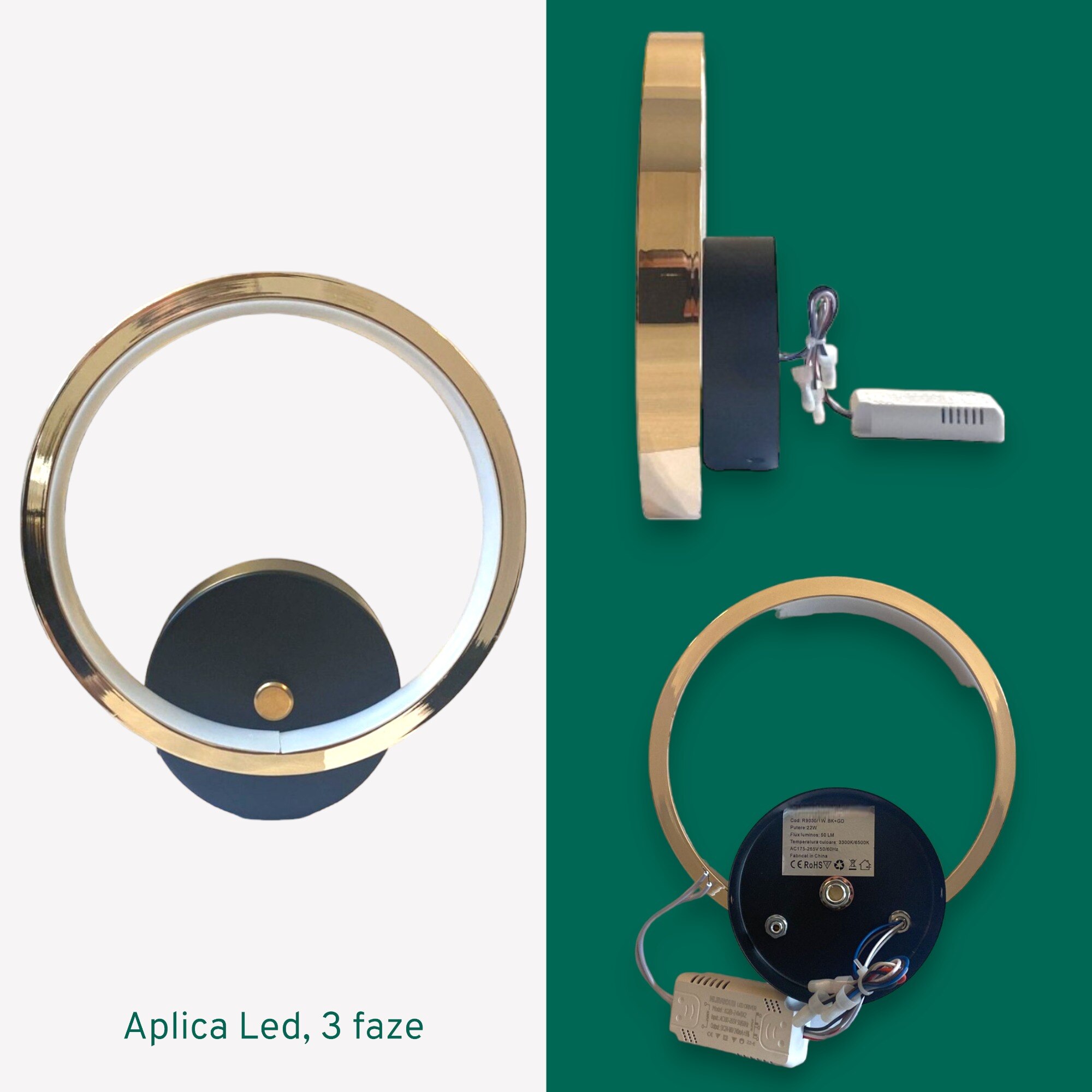 Aplica de perete, cu bec Led, in 3 faze, culoare aurie - eMAG.ro