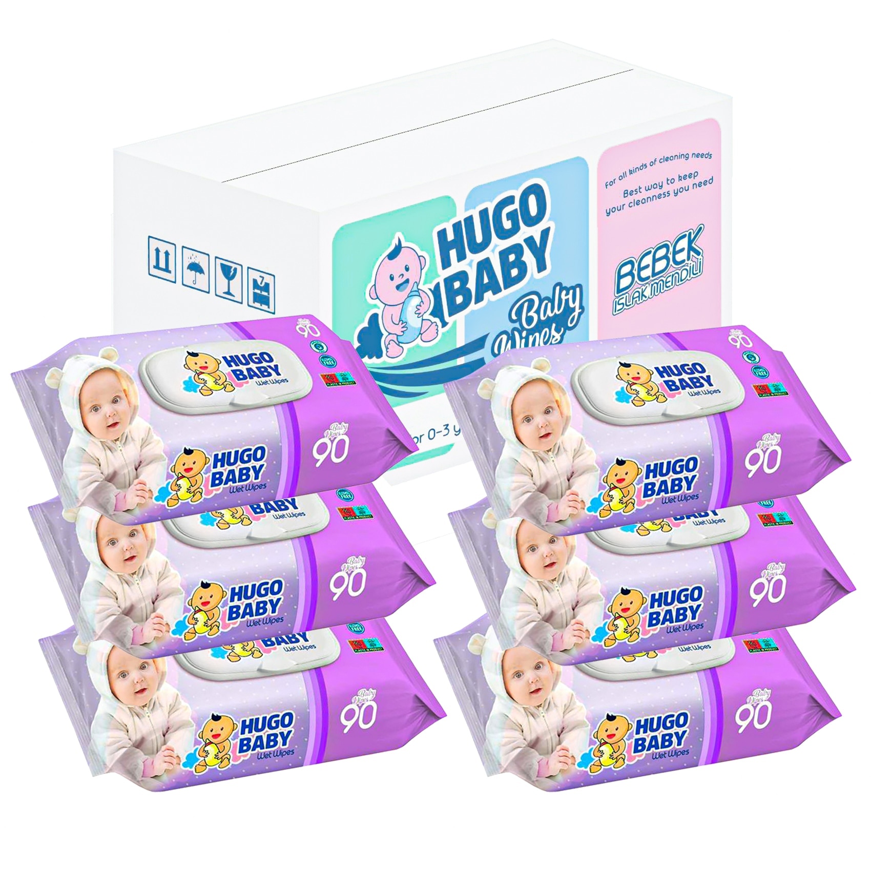 Комплект Мокри кърпички, Hugo Baby, 6 опаковки х 90, 540 бр, Лилави ...