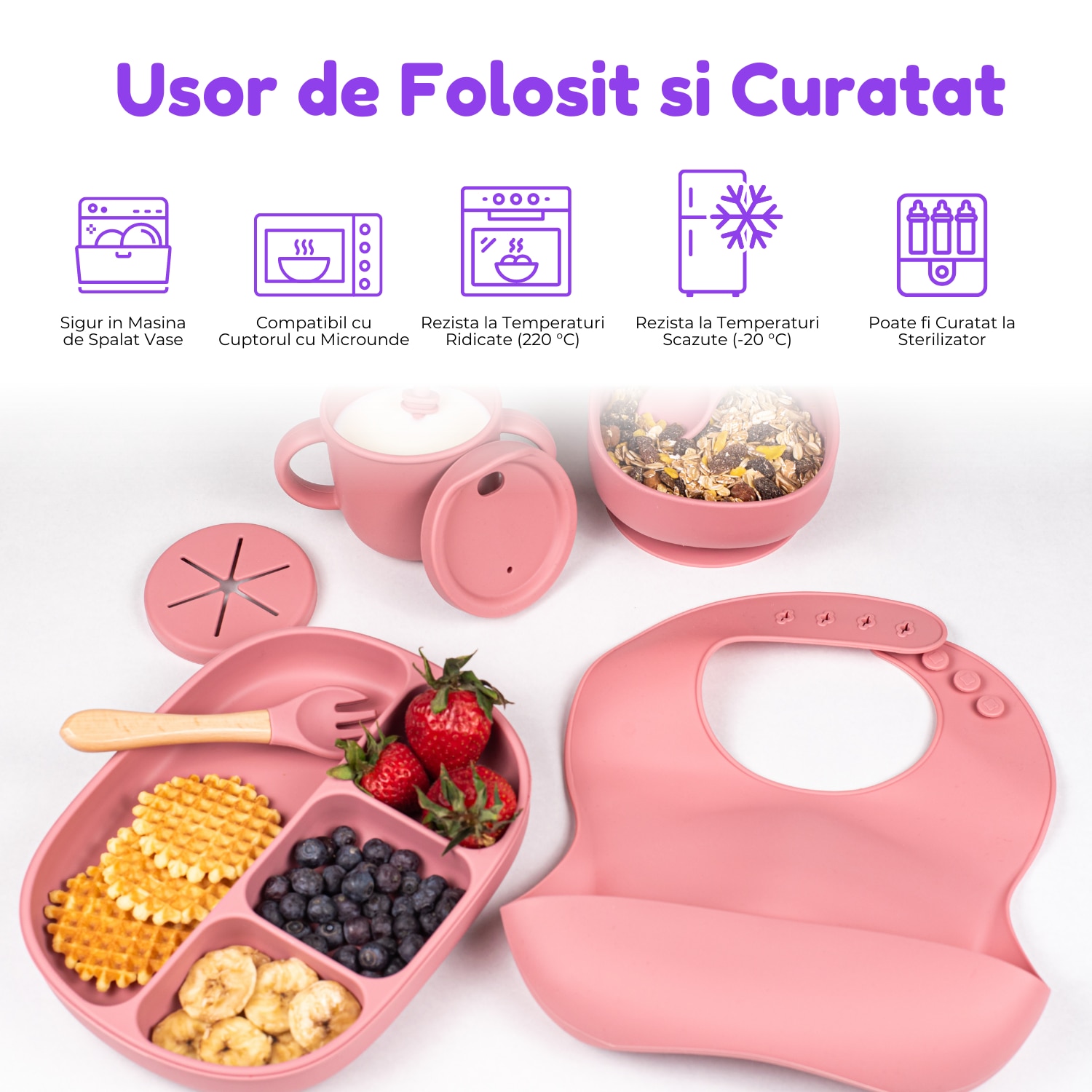 Set hranire bebelusi si copii din silicon, Purpley®, baveta, farfurie compartimentata, bol cu ...