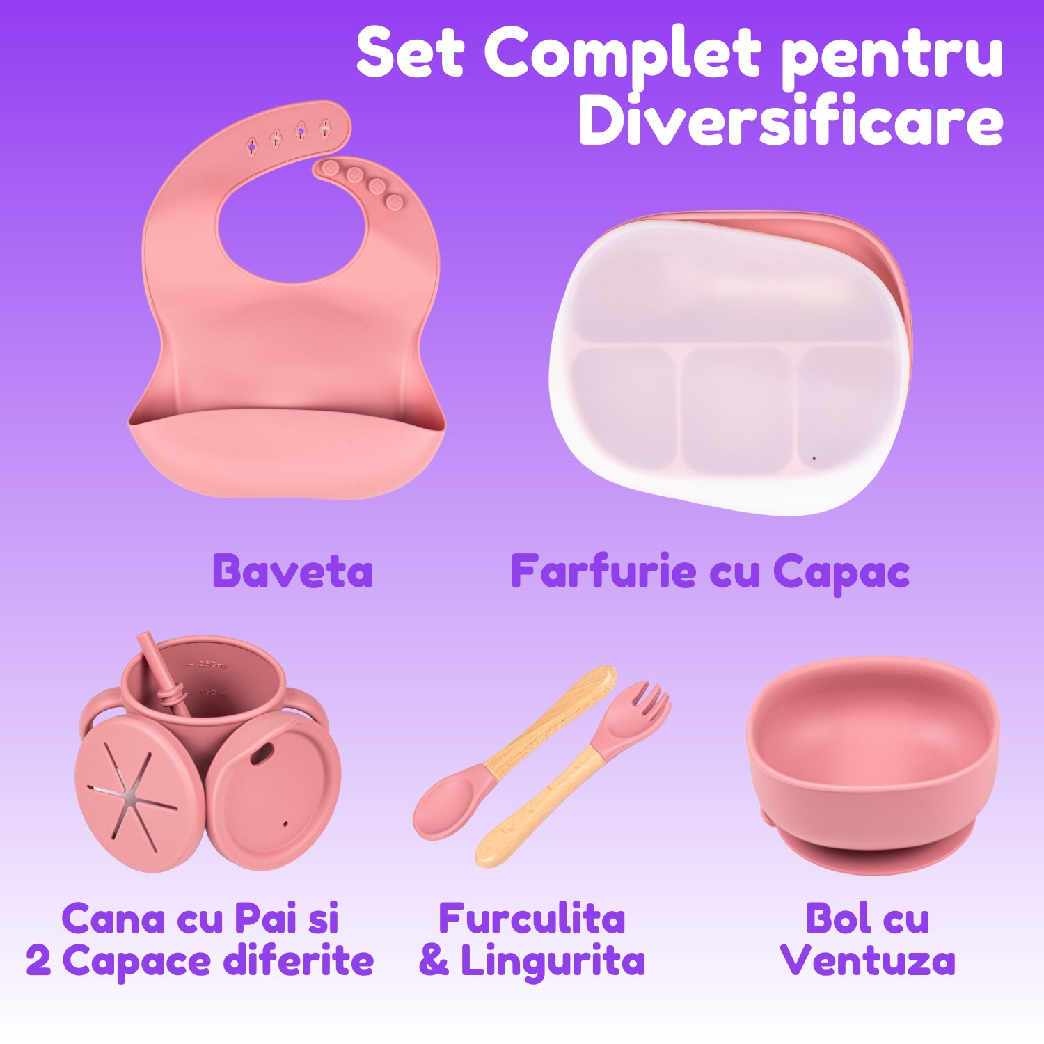 Set hranire bebelusi si copii din silicon, Purpley®, baveta, farfurie compartimentata, bol cu ...