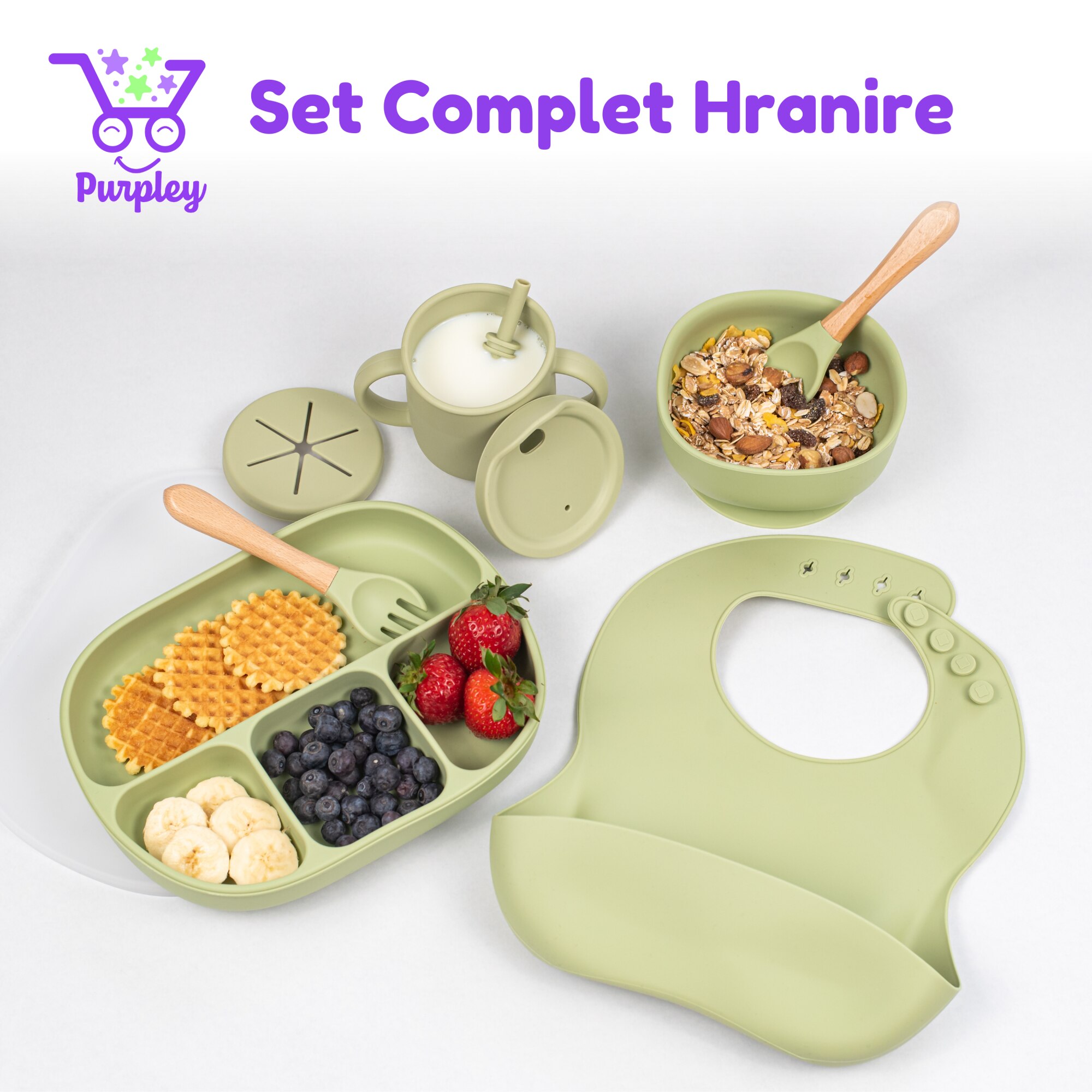 Set hranire bebelusi si copii din silicon, Purpley®, baveta, farfurie compartimentata, bol cu ...