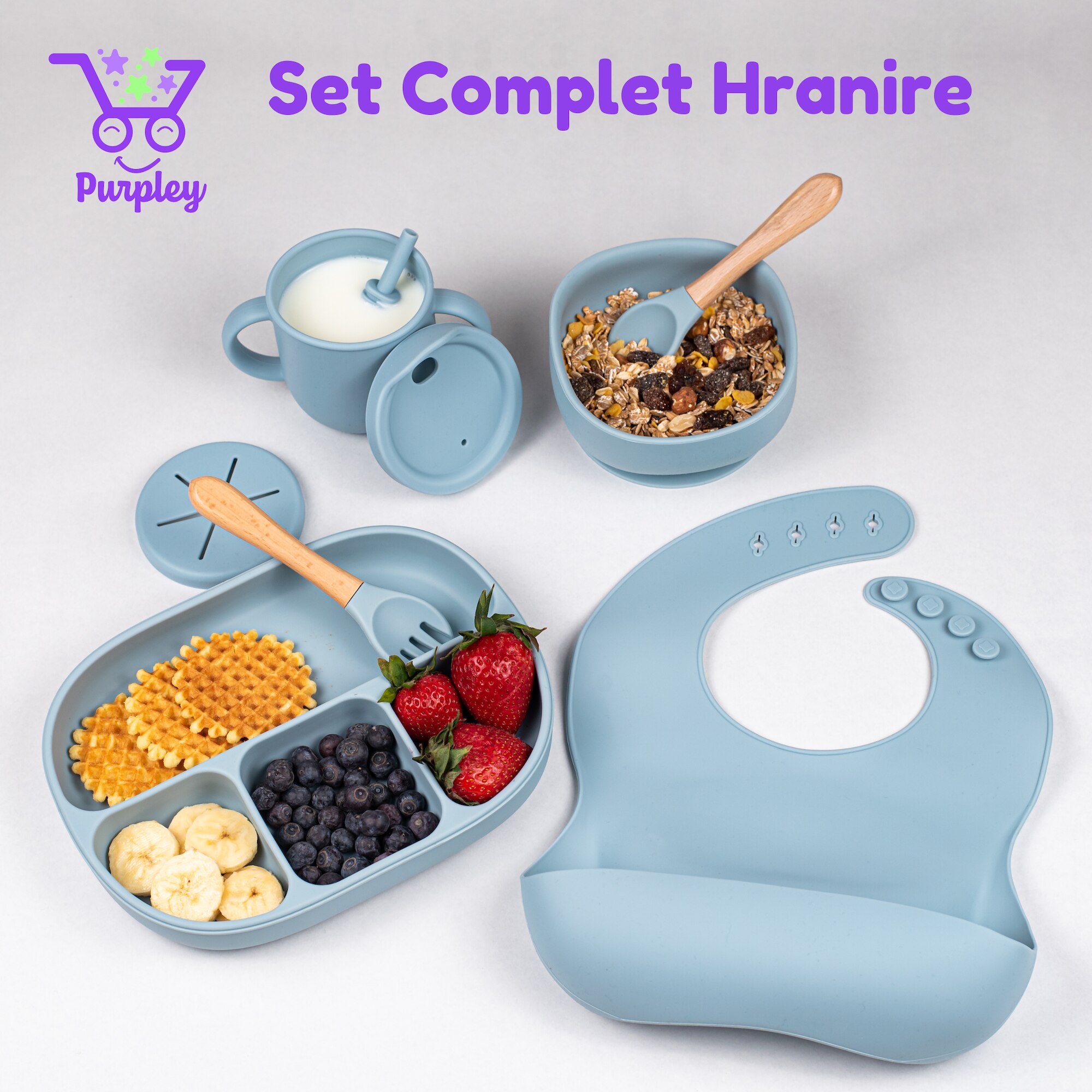 Set hranire bebelusi si copii din silicon, Purpley®, baveta, farfurie compartimentata, bol cu ...