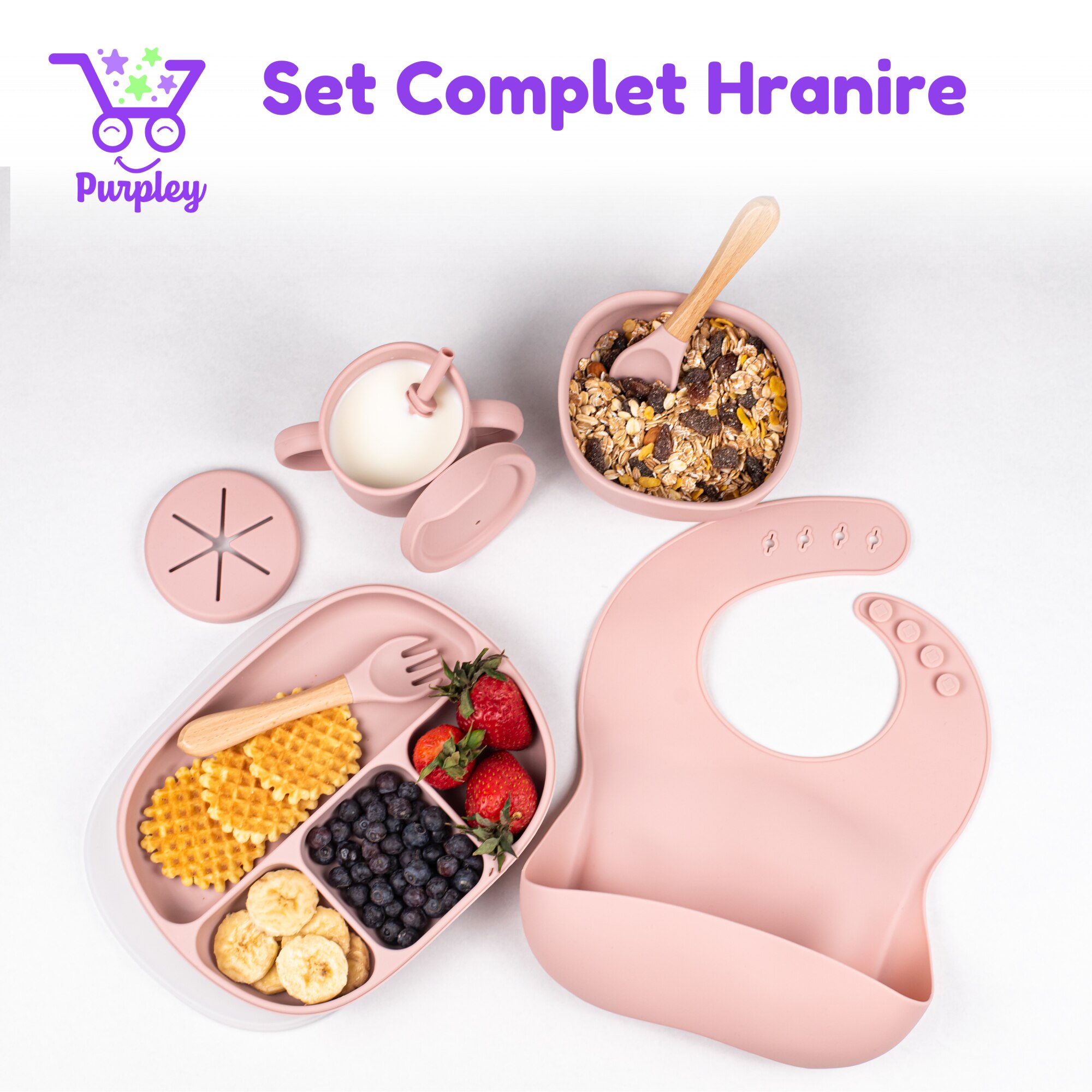 Set hranire bebelusi si copii din silicon, Purpley, baveta, farfurie compartimentata, bol cu ...