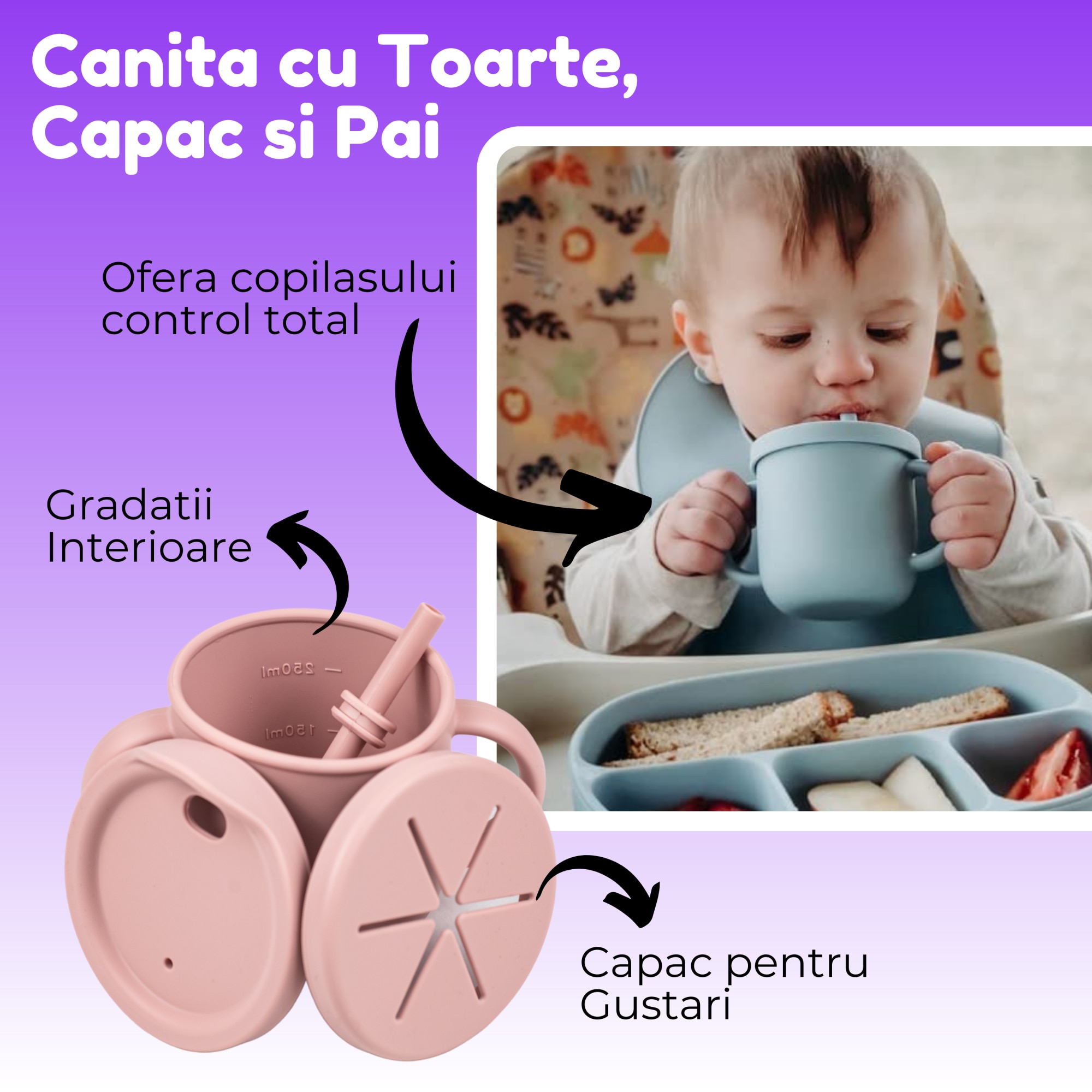 Set hranire bebelusi si copii din silicon, Purpley, baveta, farfurie compartimentata, bol cu ...