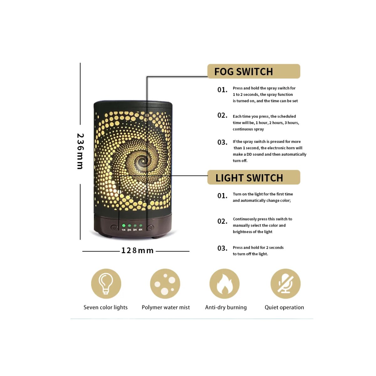 Kovácsoltvas aromaterápiás diffúzor/ultrahangos párásító, 7 színű LED ...