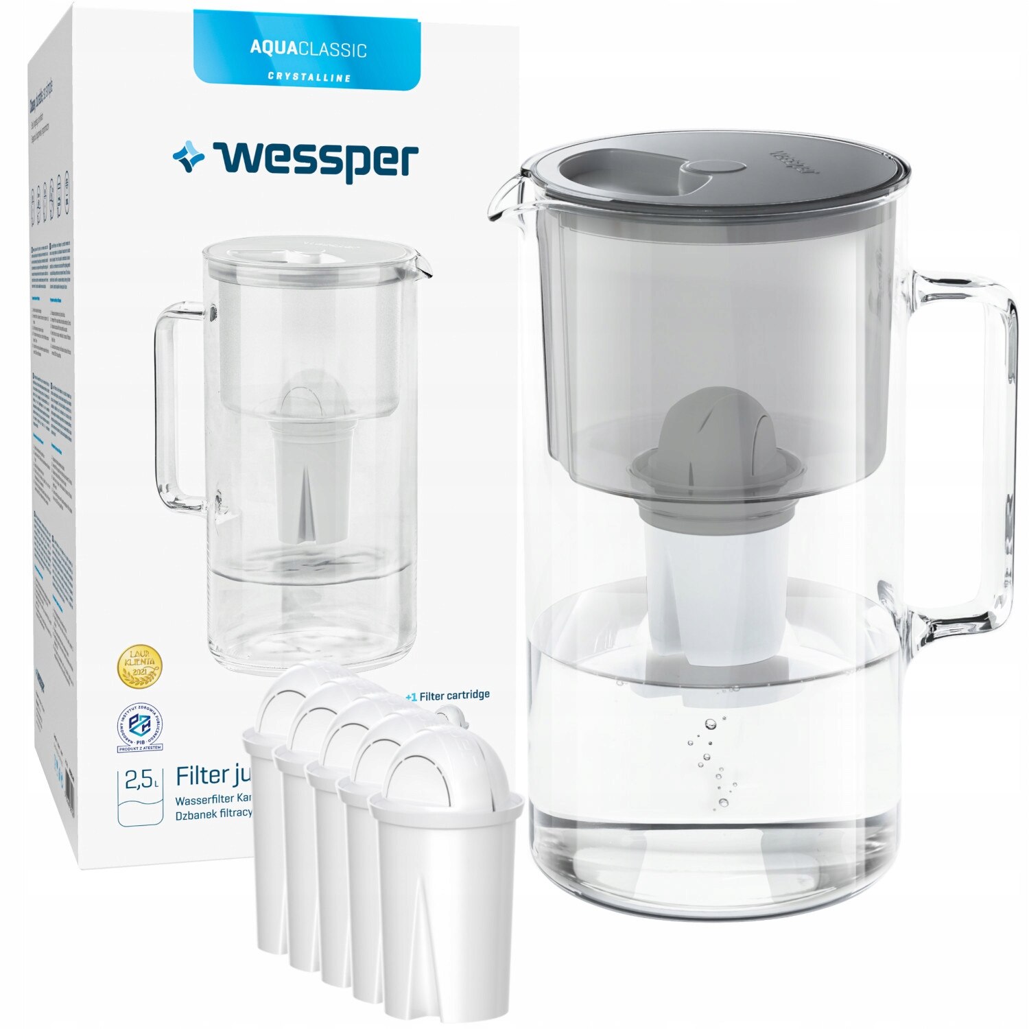 Cana filtranta si 6 filtre Wessper, AquaClassic, 2.5L, Sticla, Gri ...