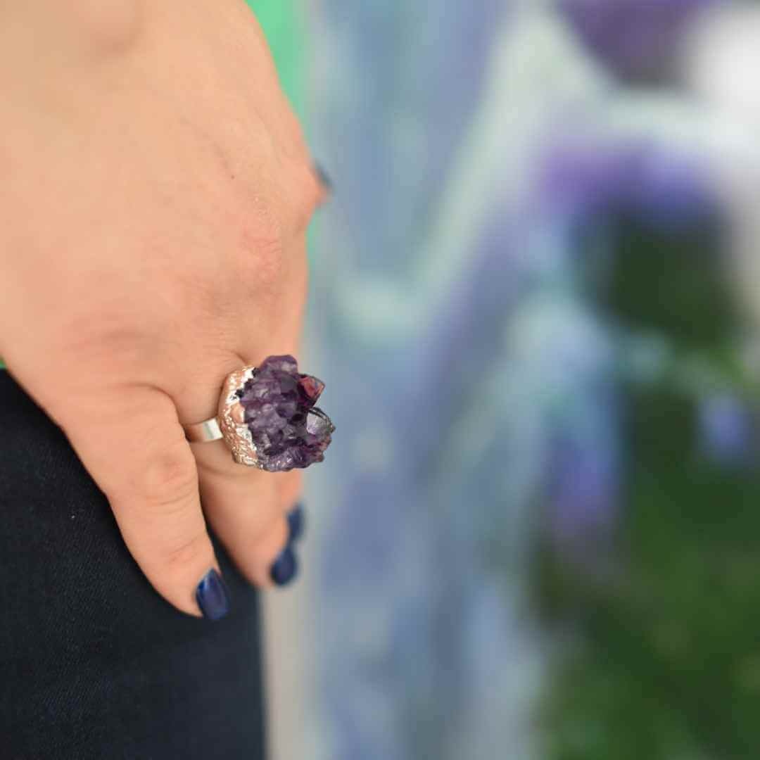 Inel ajustabil cu piatra naturala cluster Ametist - eMAG.ro