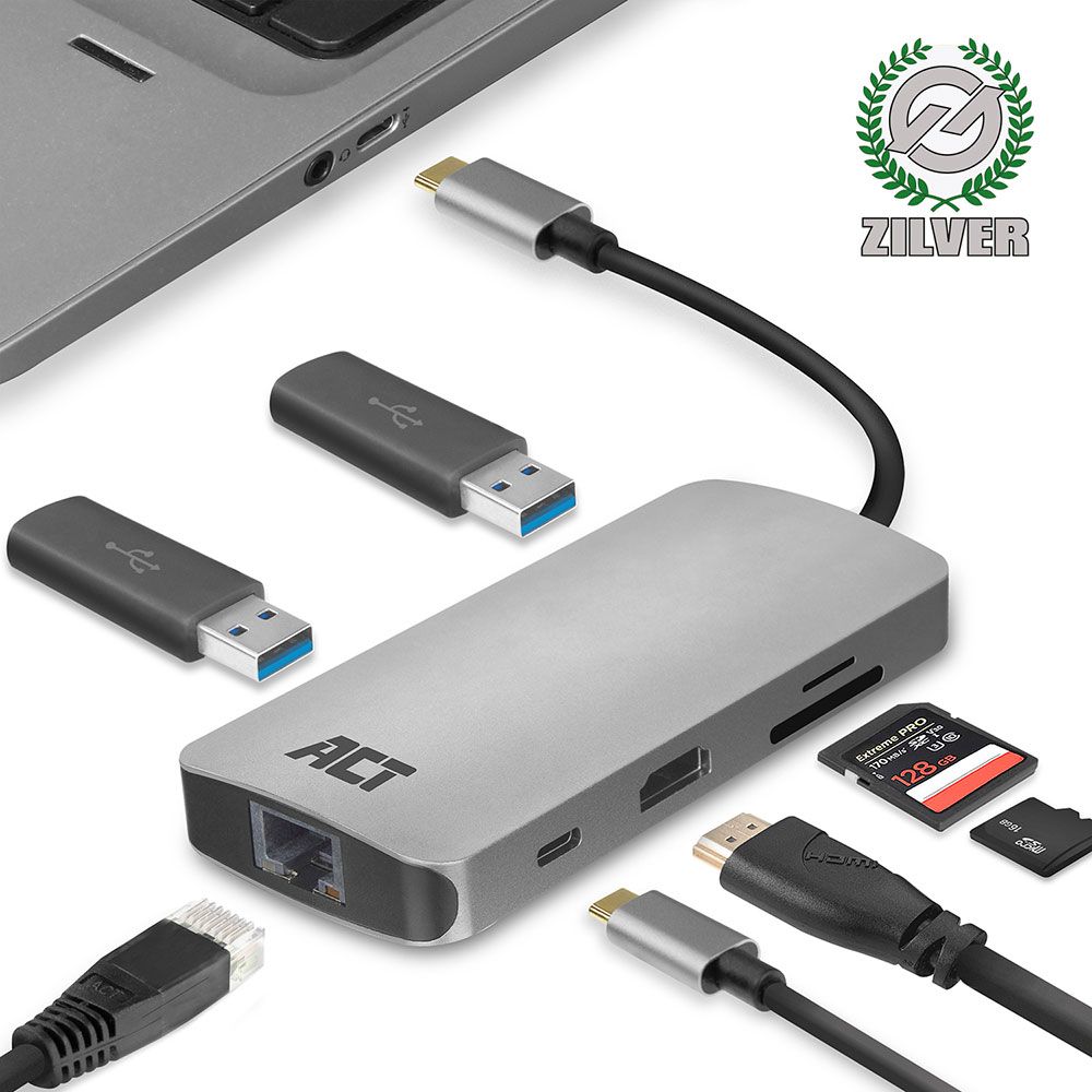 Adaptor hub USB-C Multiport, ACT, 4K, Gri - eMAG.ro