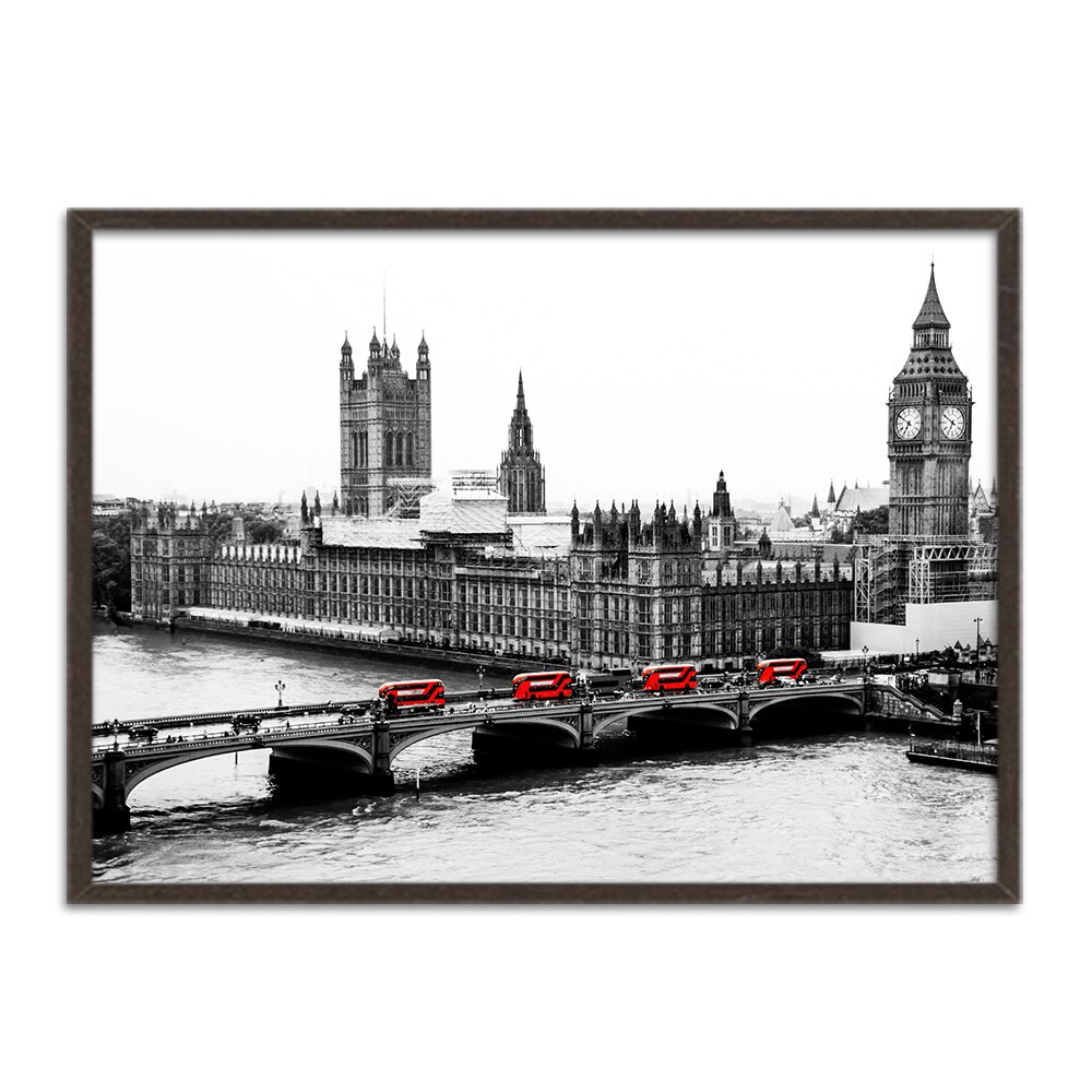 Poza inramata, Autobuze rosii in Londra, 30x21, Lemn natural, Maro ...