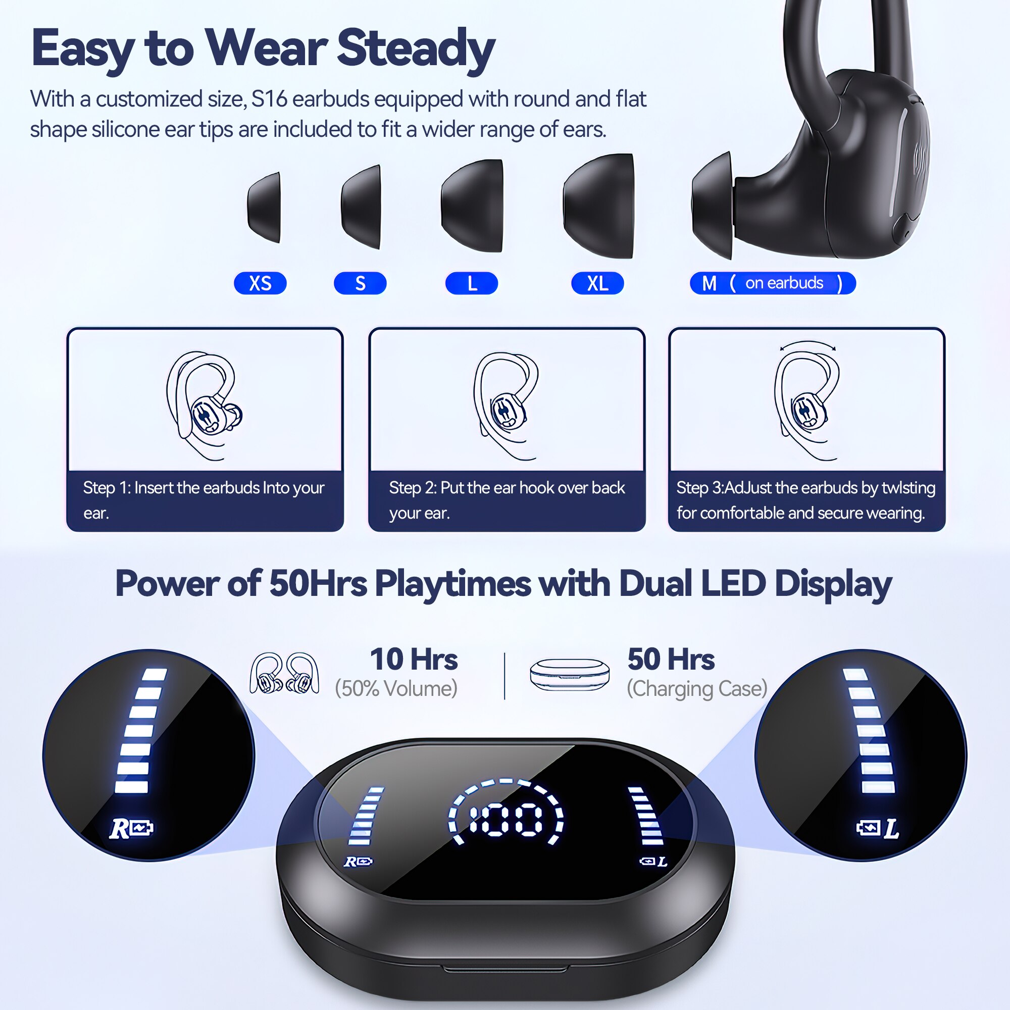 Безжични слушалки, Bluetooth, 50 ч., LED цифров дисплей, Черни - eMAG.bg