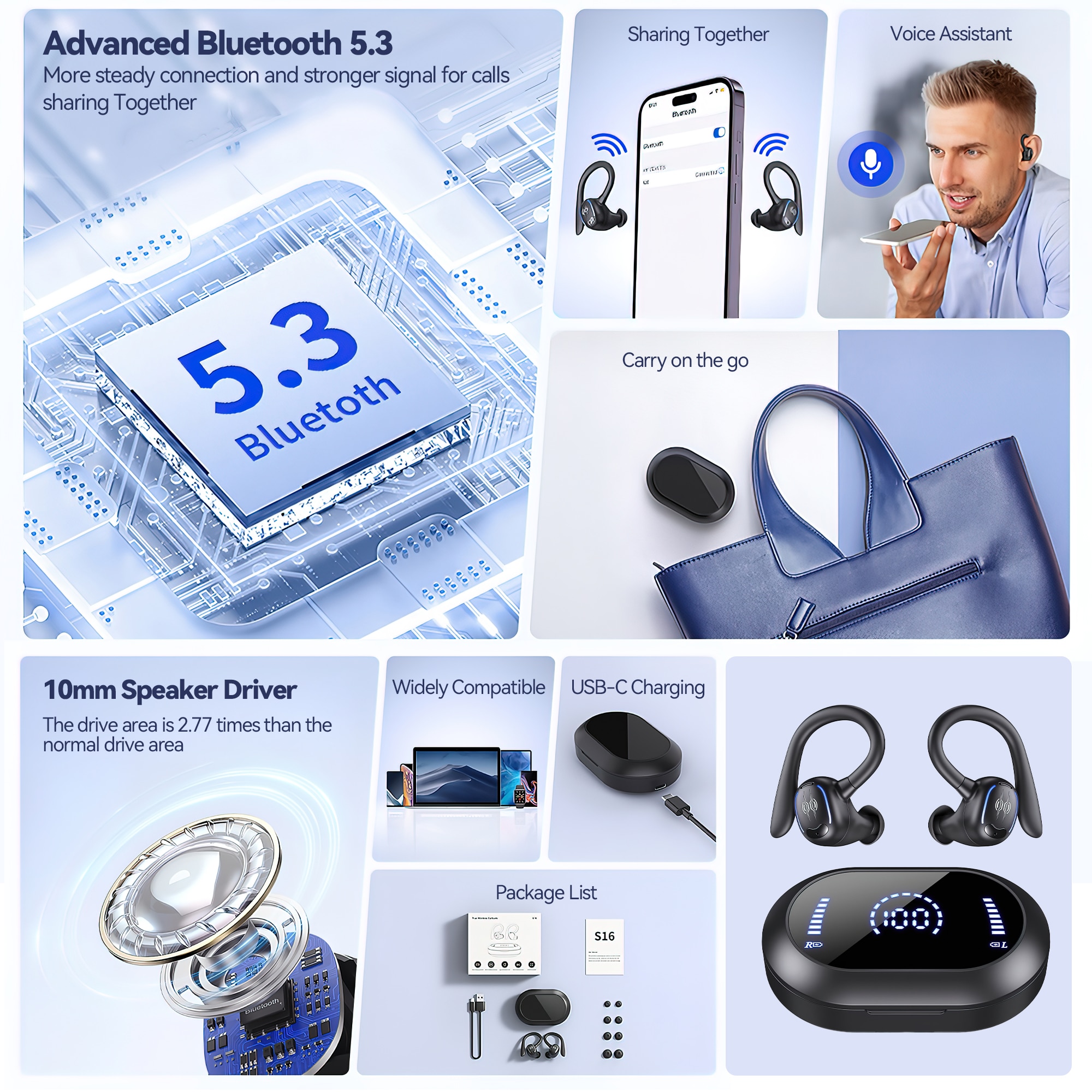 Безжични слушалки, Bluetooth, 50 ч., LED цифров дисплей, Черни - eMAG.bg