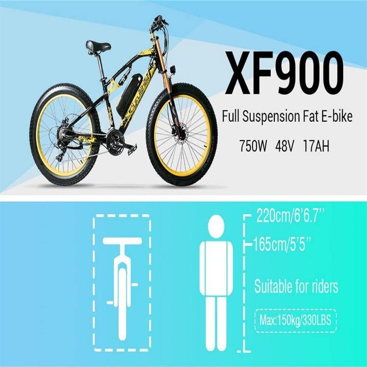 Bicicleta Electrica, Cyrusher XF900, 750W, 48V, 17 Ah, 45 km/h, 80 Nm, autonomie maxima 100 Km ...